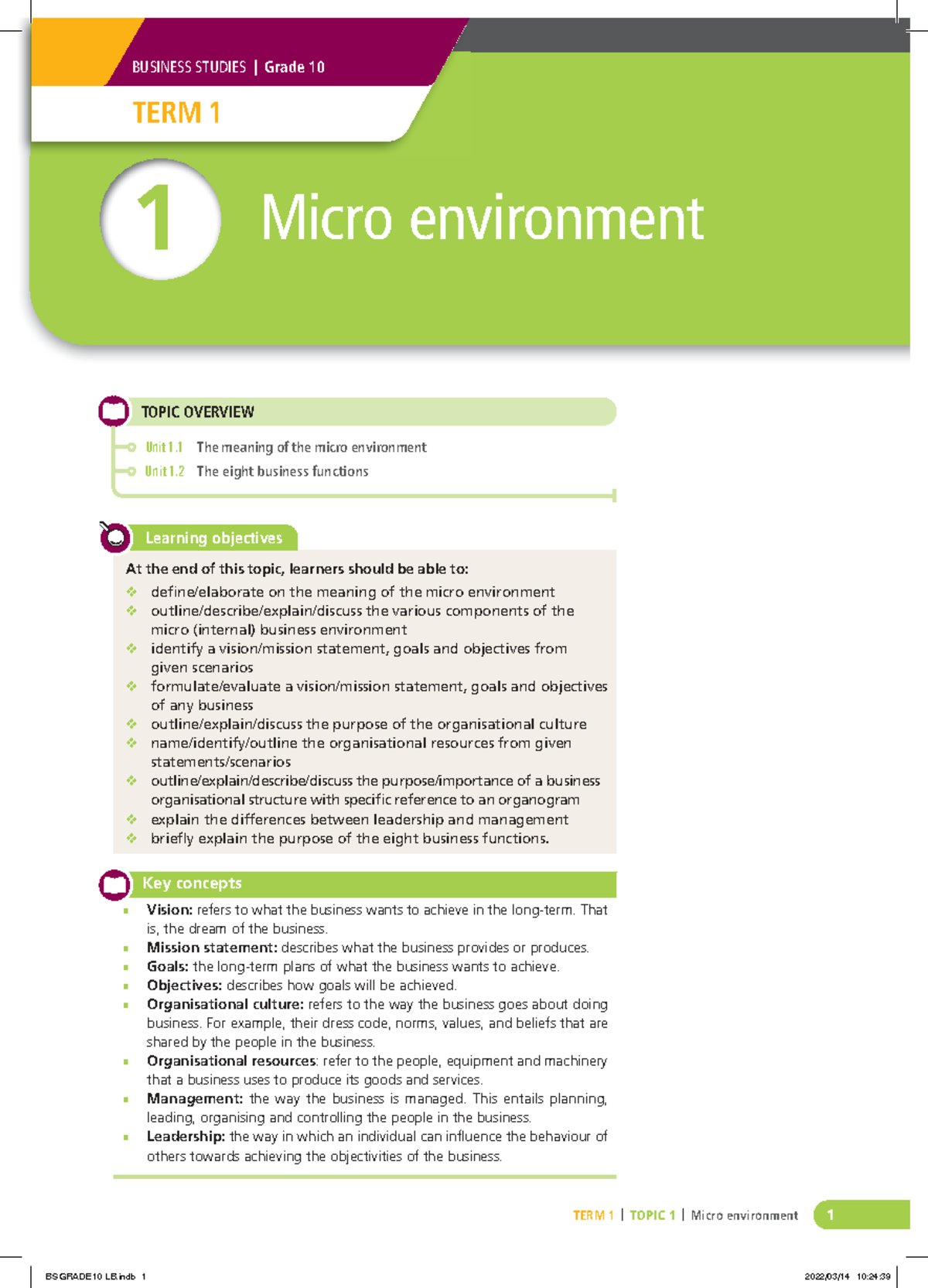 BUSINESS STUDIES GRADE 10 TERM 1 Micro Environment Overview - Studocu