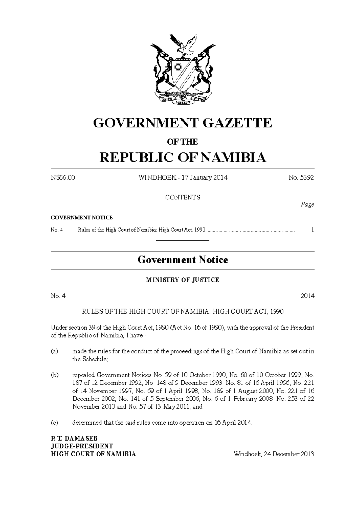 High Court Rules of Namibia: Government Gazette No. 5392 (2014) - Studocu