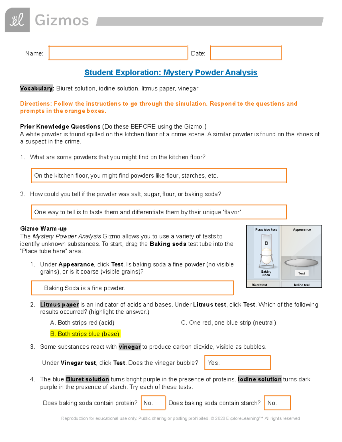 Exploring Mystery Powders: SE(Gizmos) Student Analysis Guide - Studocu