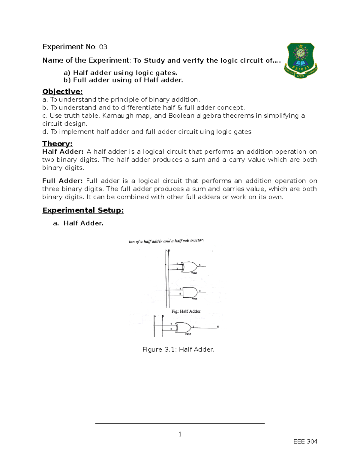 EEE 304 - Experiment 03: Lab on Full and Half Adder Circuits - Studocu