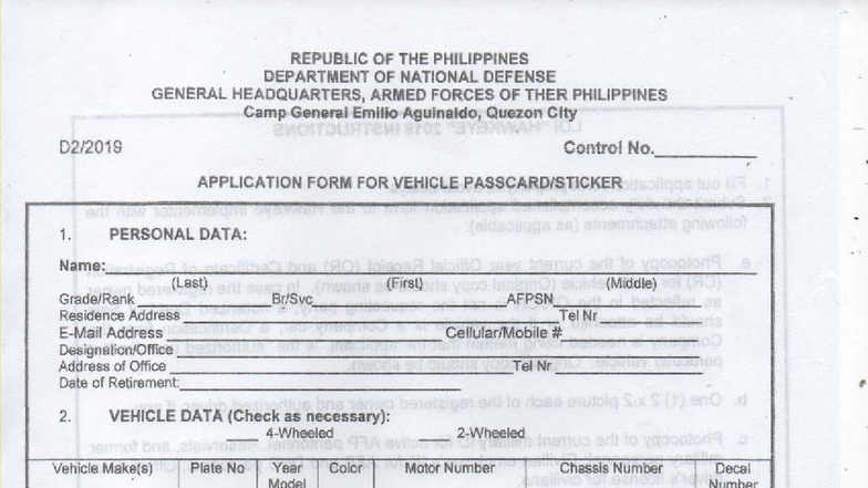 Application for Vehicle Passcard & Sticker - DND HQ Form - Studocu