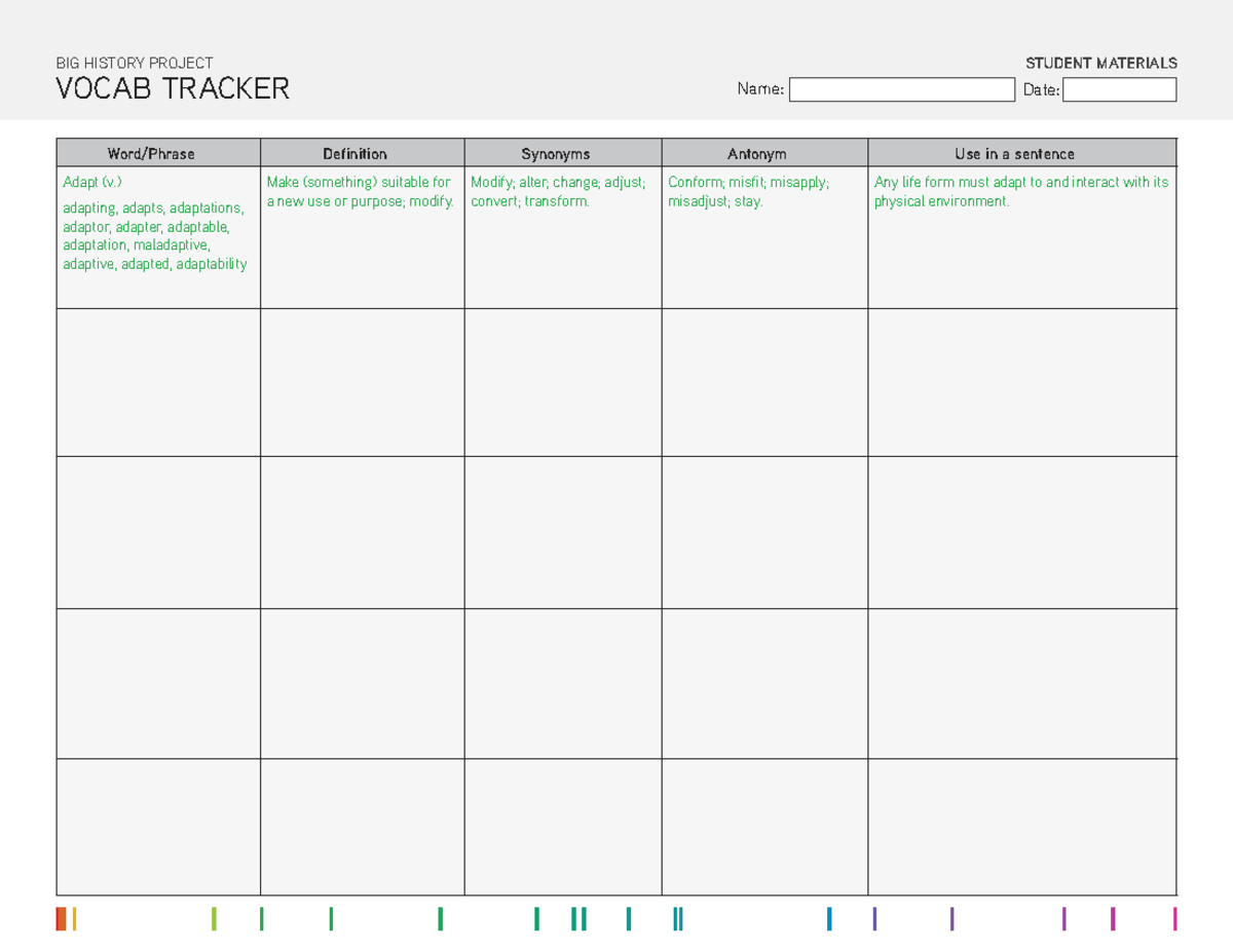 BHP Asset 2019 Vocab Tracker - Creativity, Activity, Science - STUDENT ...