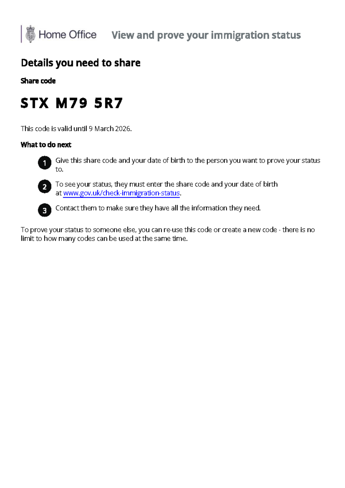Proving Immigration Status: Share Code STX M79 5R7 Instructions - Studocu