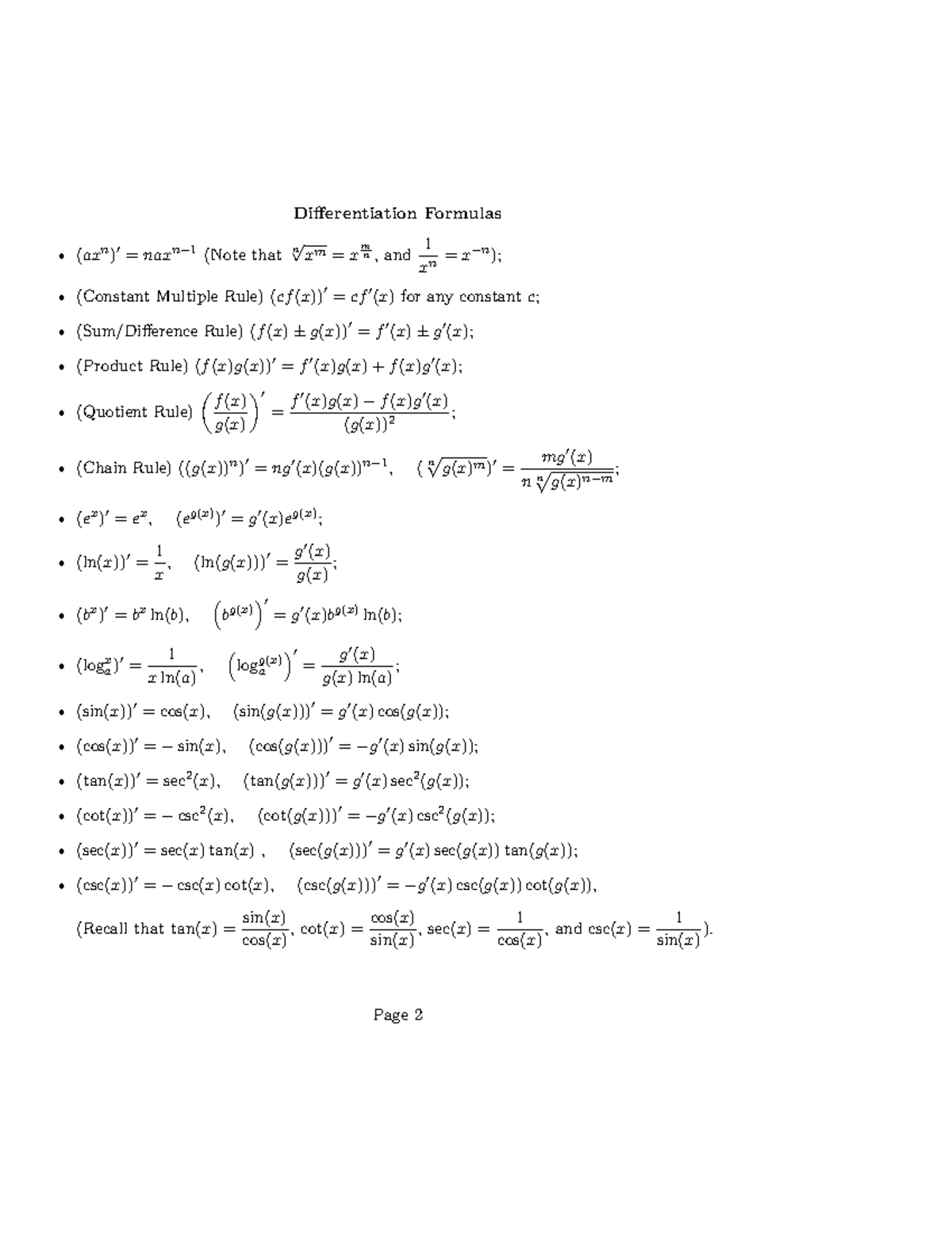 Calc 1 Final Exam Sheet - Practice Problems - Differentiation Formulas ...