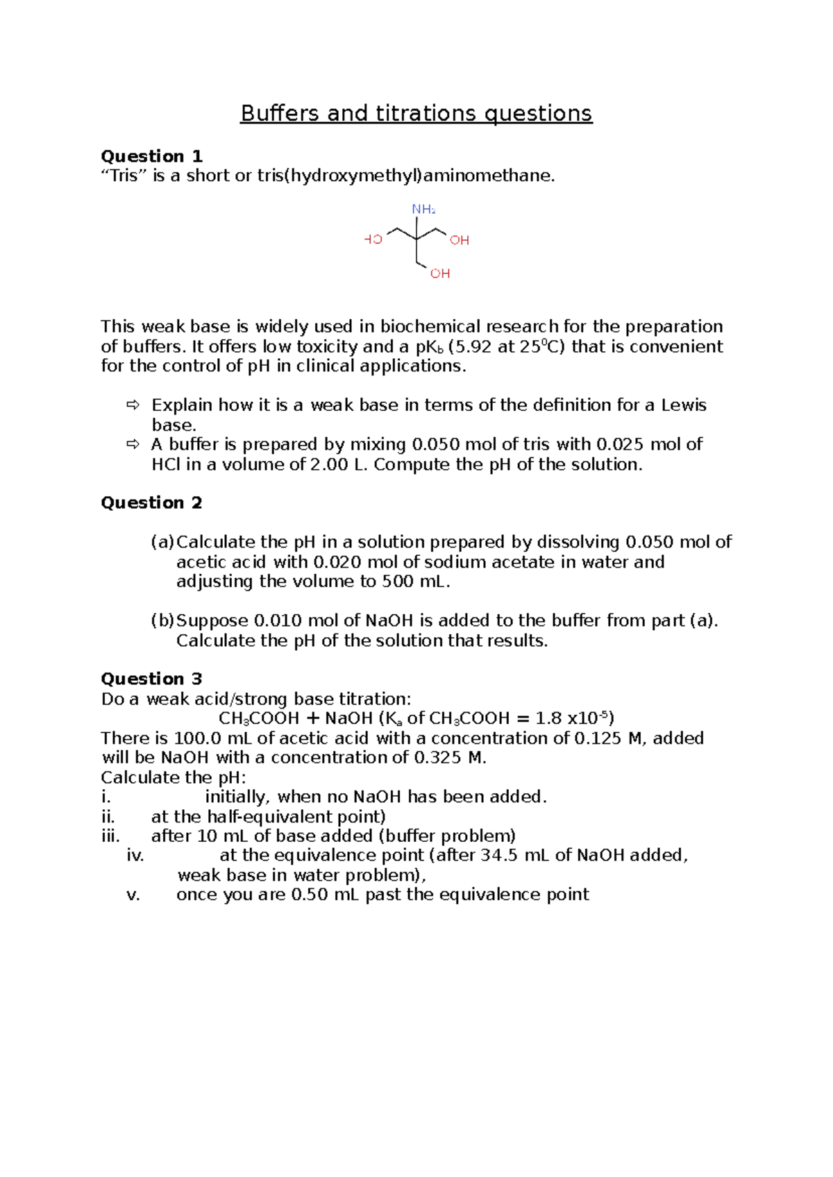 Buffers and titrations questions - Buffers and titrations questions ...