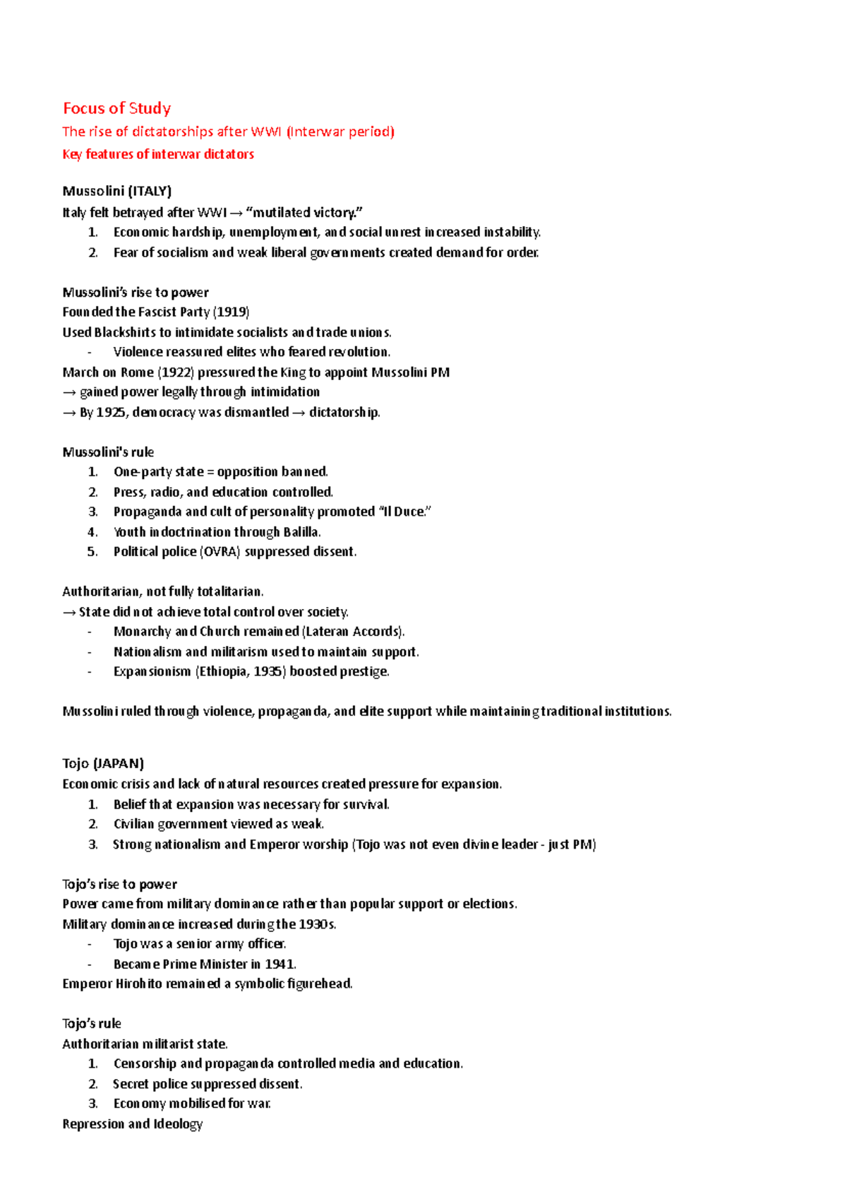12.1MH Final Exam Notes: Rise of Dictatorships Post-WWI - Studocu