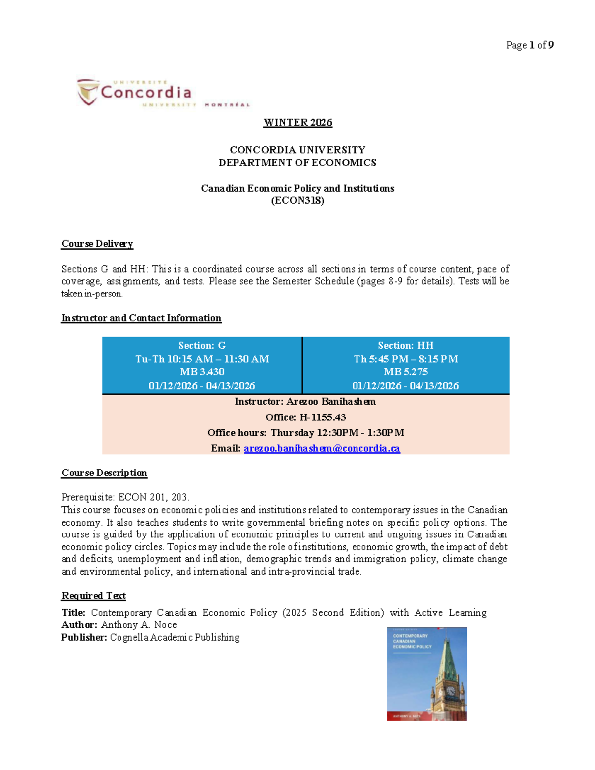 ECON318 Canadian Economic Policy Course Outline - Winter 2026 - Studocu