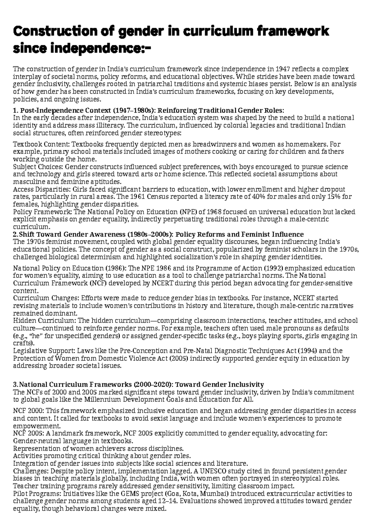 Construction of Gender in Curriculum Frameworks Since Independence: A ...
