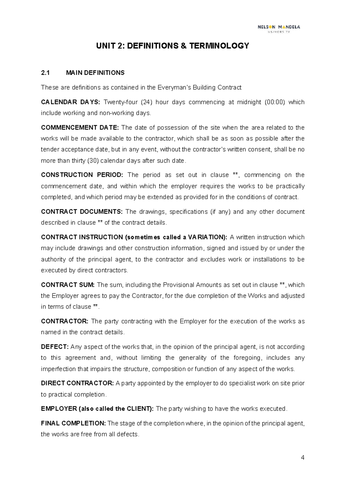 Unit 2: Key Definitions & Terminology in Building Contracts - Studocu
