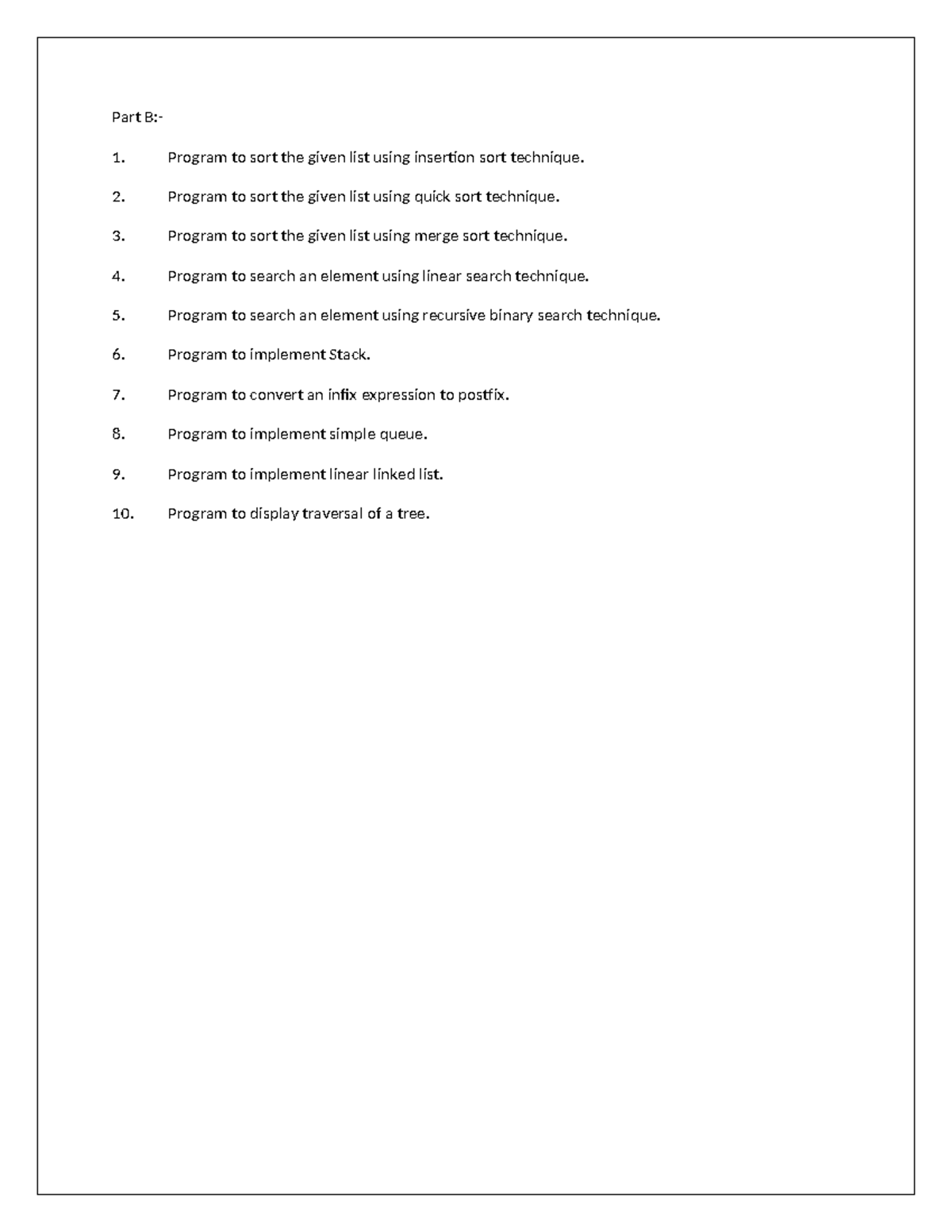 Data Structures Lab Manual Part B: Sorting & Searching Techniques - Studocu