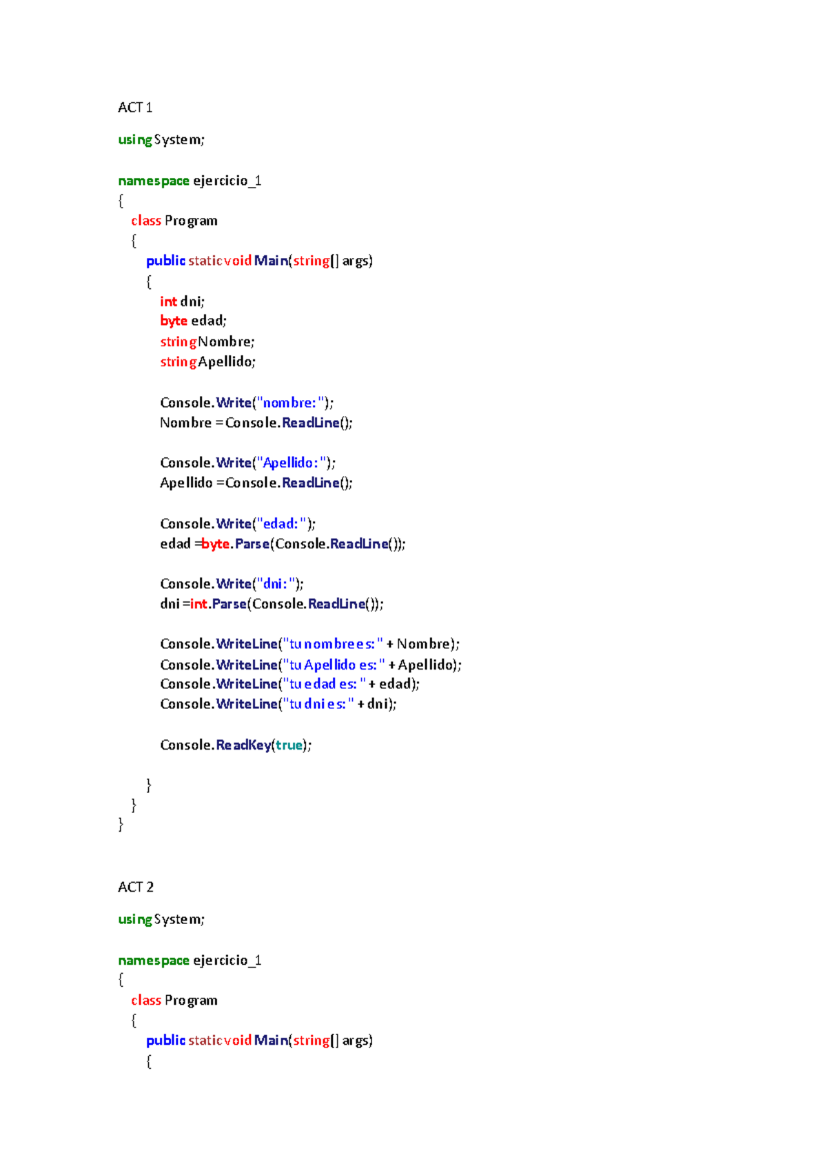 Practica 1 Trabajo Practico N1 Act 1 Using System Namespace Ejercicio Class Program