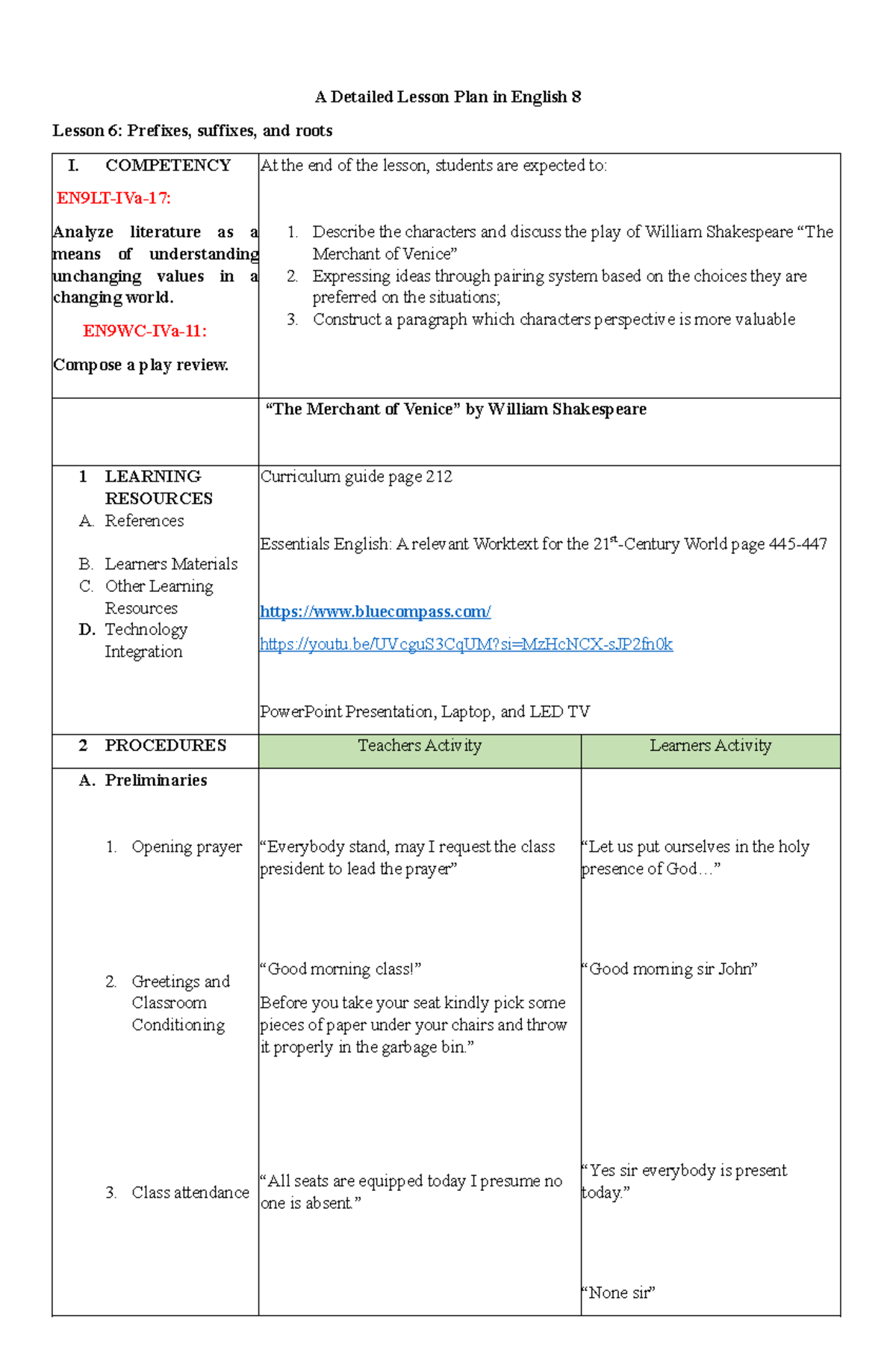 Detailed Lesson Plan: English 8 - The Merchant of Venice Analysis - Studocu