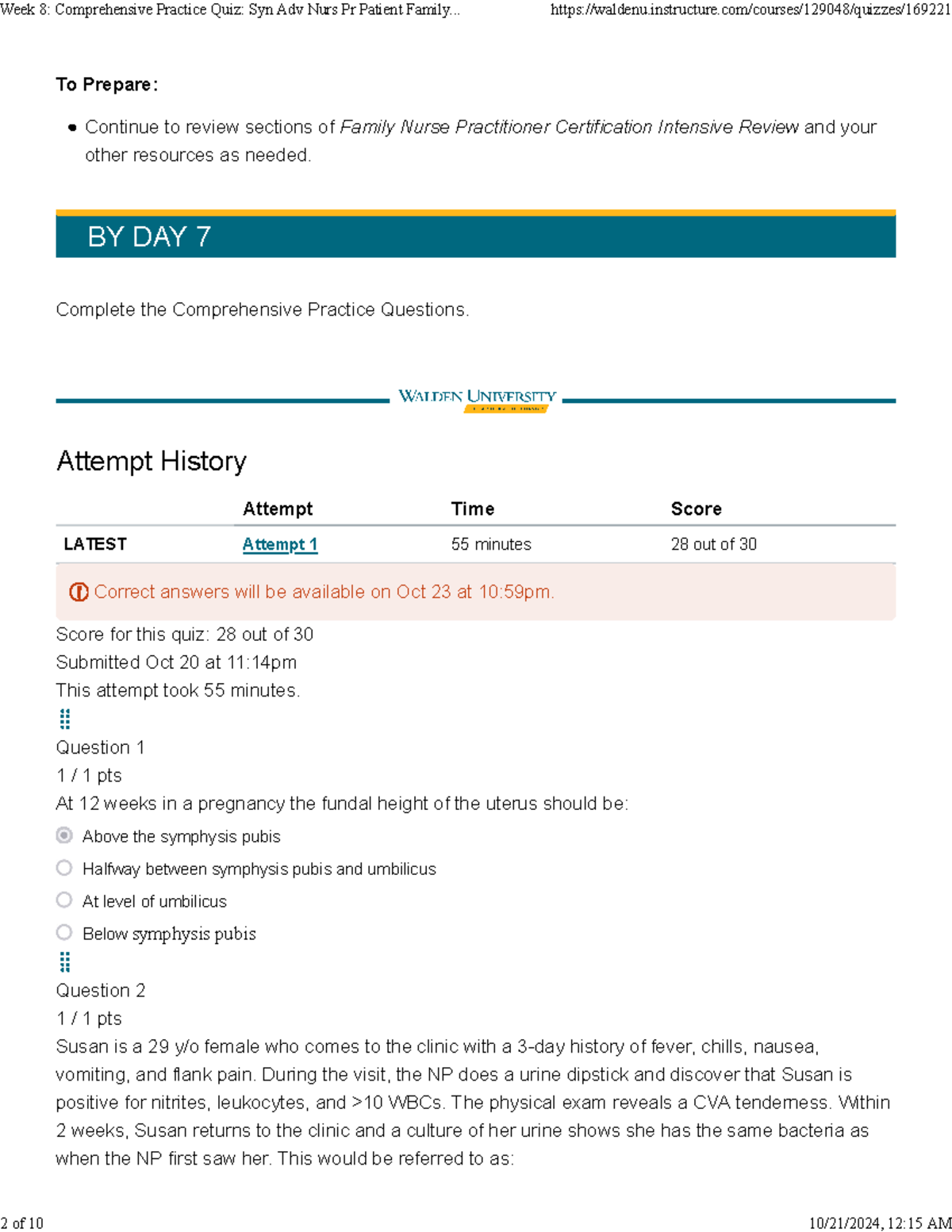 6568 Comprehensive Quiz Week 8: Attempt History & Score Details - Studocu