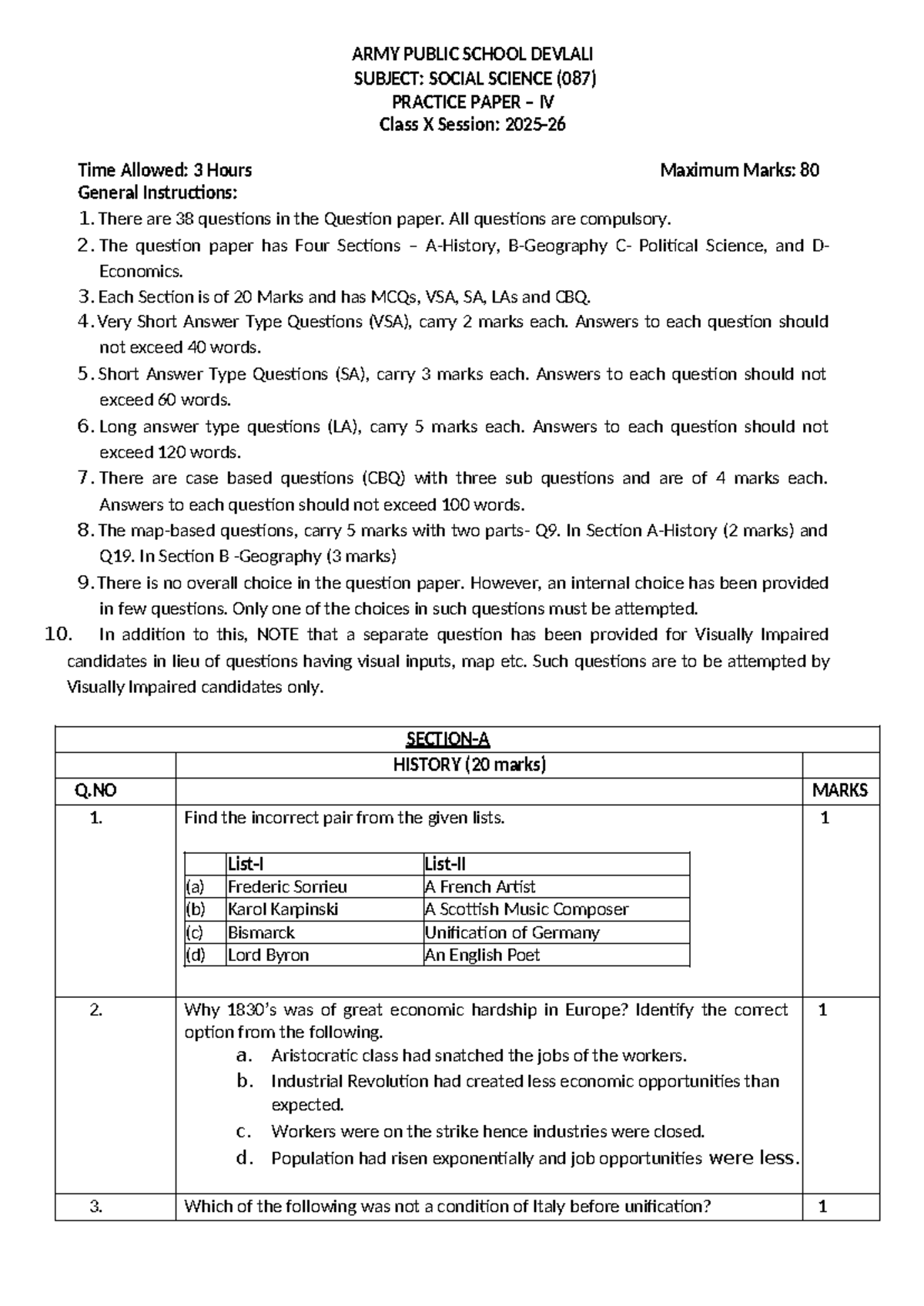 SST Practice Paper IV (087) for Class X - Social Science - Studocu