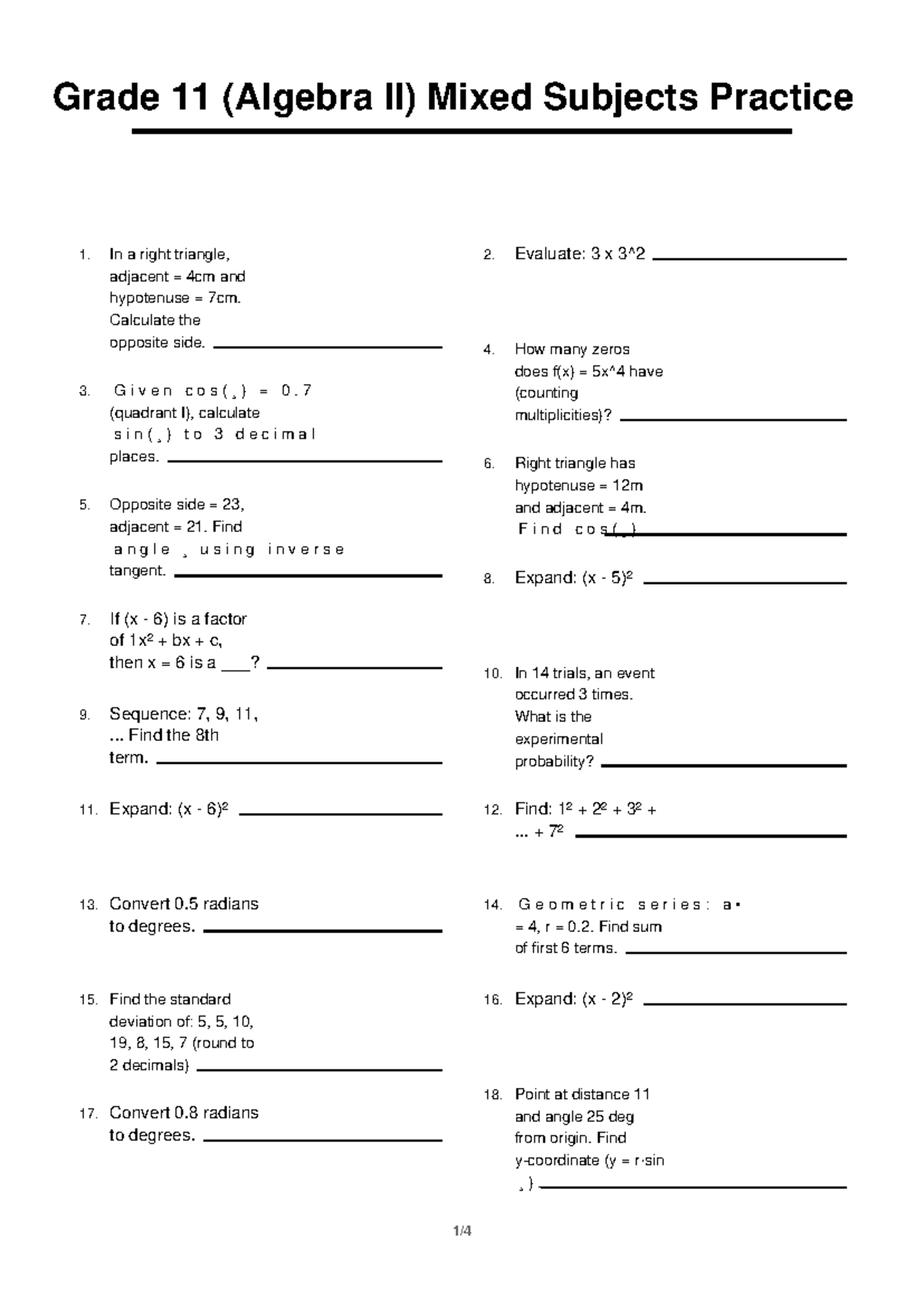 Grade 11 (Algebra II) Mixed Subjects Practice Problems 16 - Studocu