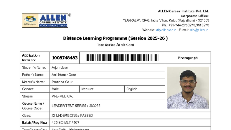 DLP Admit Card for LEADER TEST SERIES 363233 - Arjun Gaur - Studocu