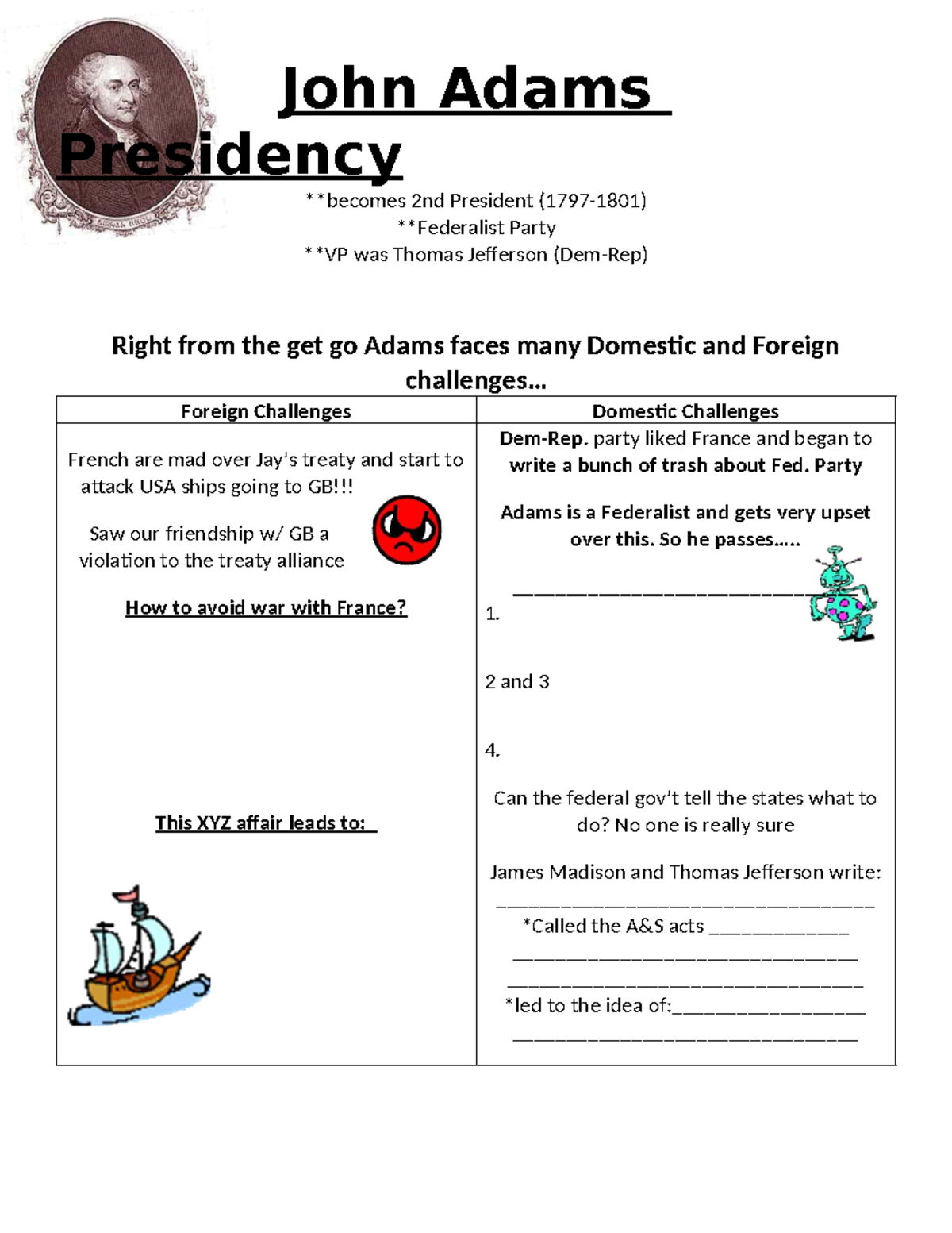 John Adams Presidency: Domestic & Foreign Challenges Notes - Studocu