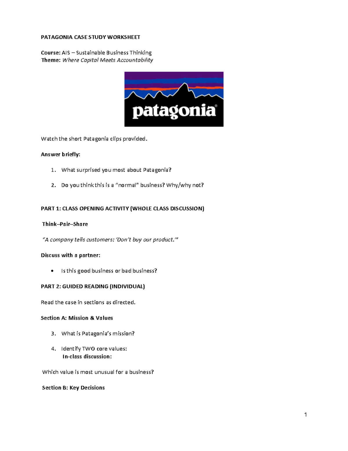 AIS Case Study: Patagonia's Sustainable Business Model - Studocu