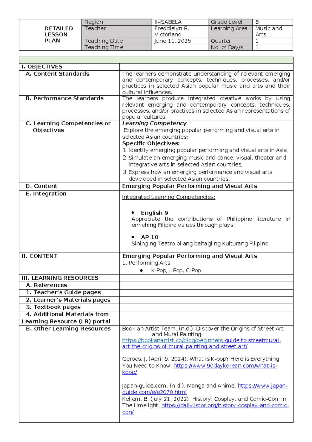 DLP MATATAG MAPEH 8: Detailed Lesson Plan on Asian Arts - Studocu