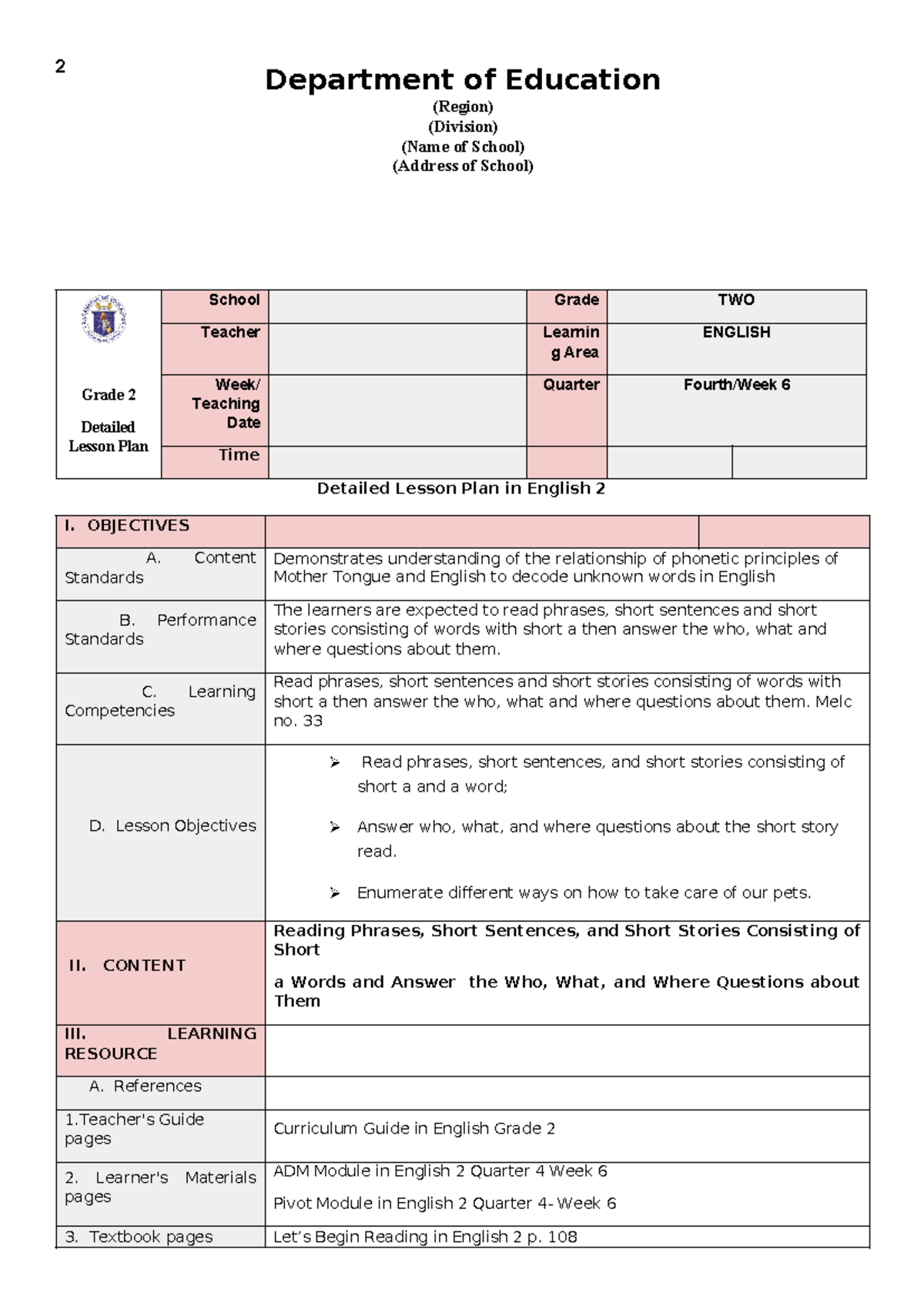 COT- English 2 Detailed Lesson Plan for Quarter 2, Week 6 - Studocu