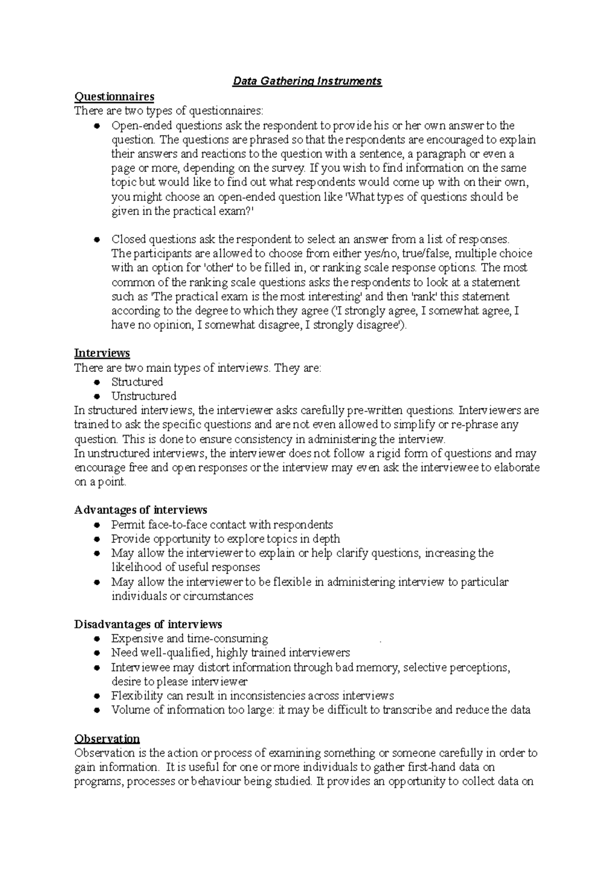 Data Gathering Instruments: Questionnaires & Interviews Overview - Studocu
