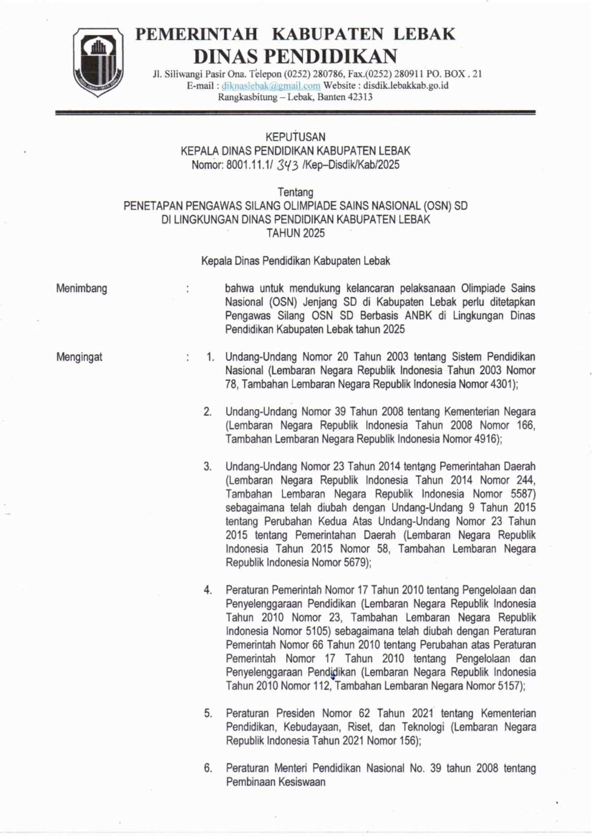 SK Pengawas Silang OSN Tahun 2025 - 858817325-1 - Studocu