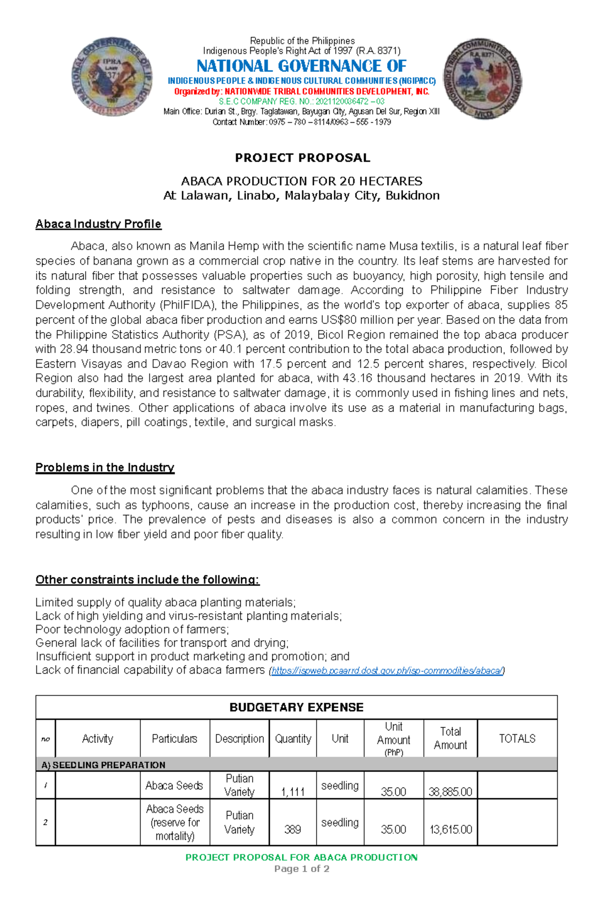 Abaca Production Proposal for Sustainable Development in 20 Hectares ...