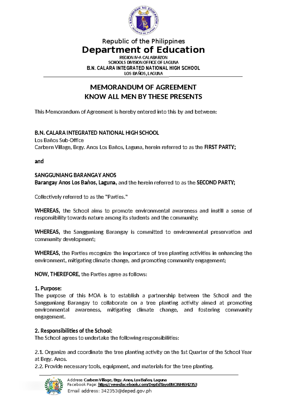 MOA-TREE- Planting Activity Agreement with Sangguniang Barangay - Studocu