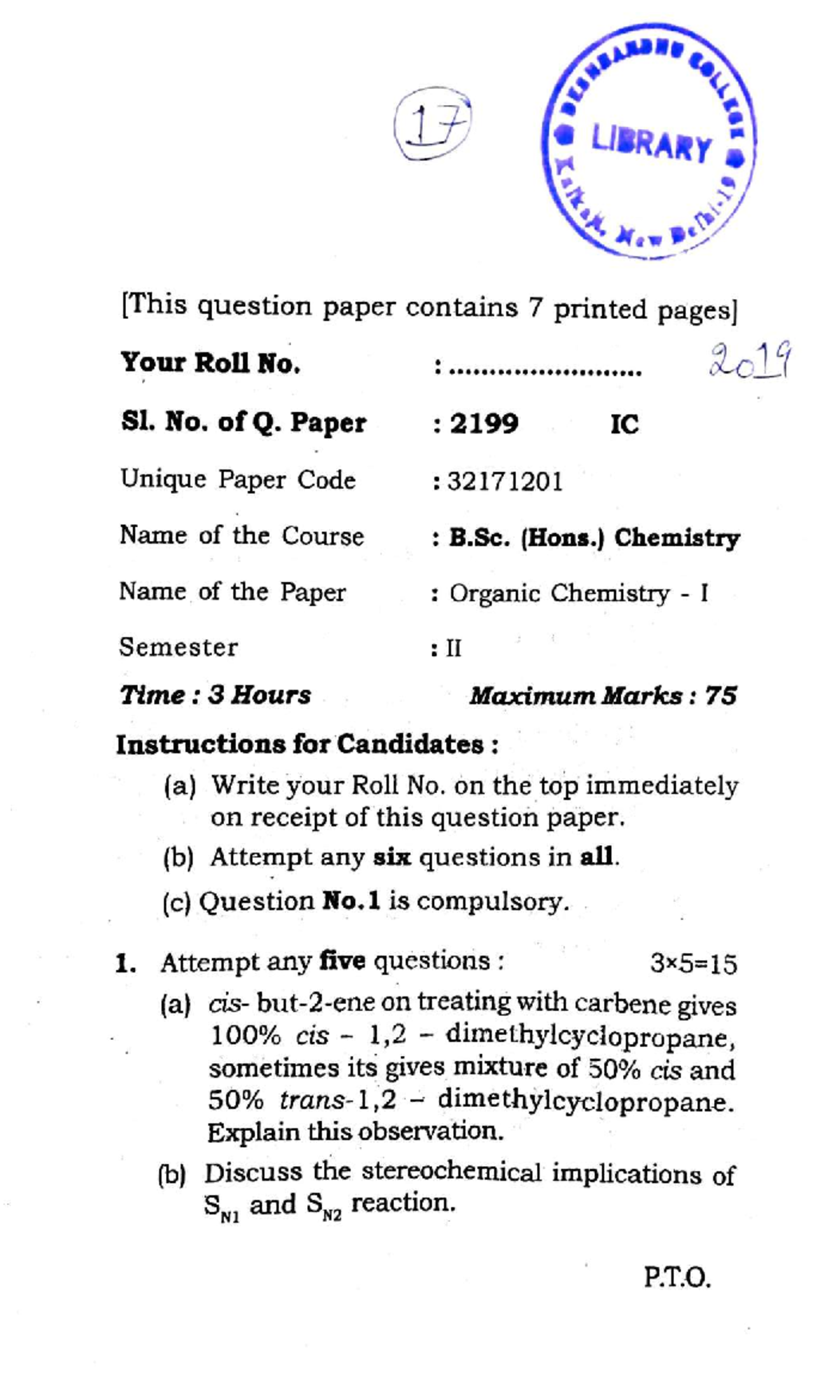 B.Sc. (Hons.) Chemistry II Sem 2019 Question Paper - Organic & Physical ...