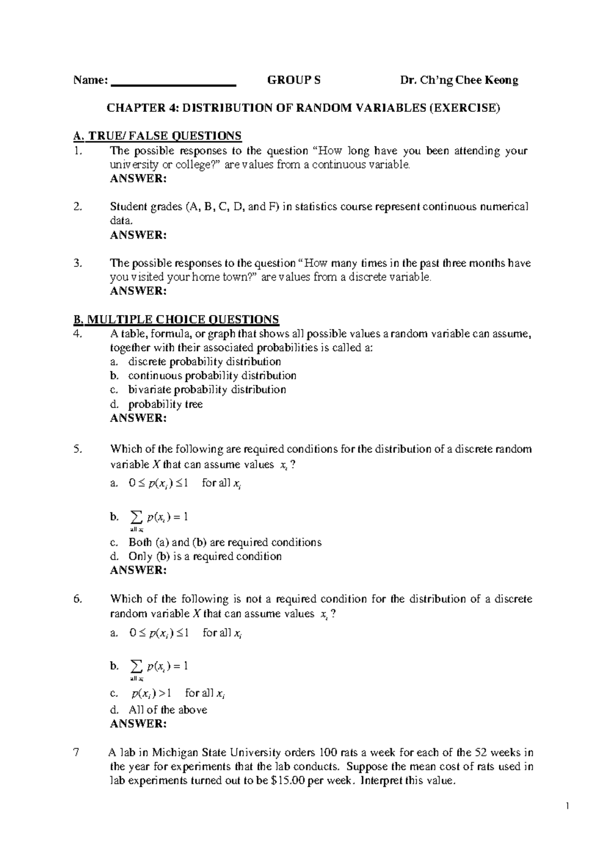 GROUP S Dr. Chee Keong CHAPTER 4: RANDOM VARIABLES EXERCISES - Studocu