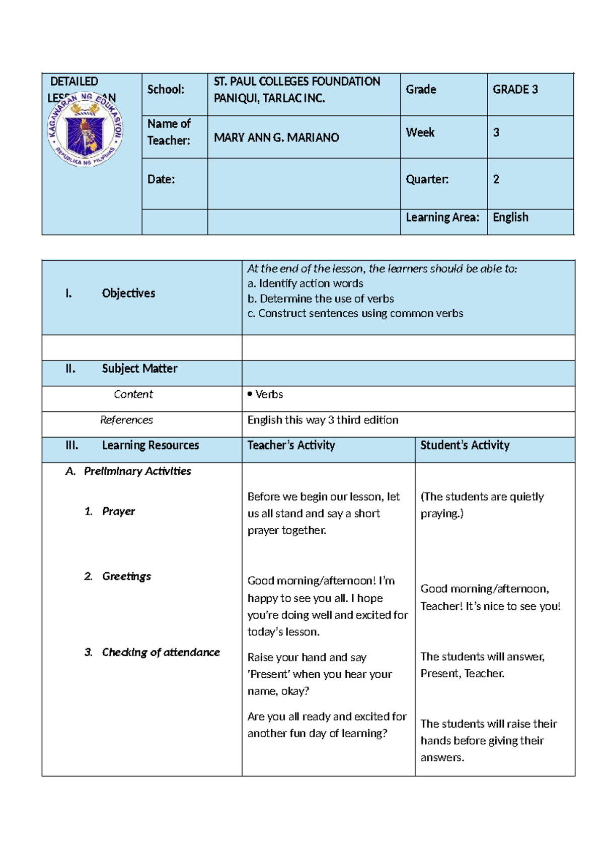 GRADE 3 ENGLISH LESSON PLAN: ACTION WORDS & VERBS - Studocu