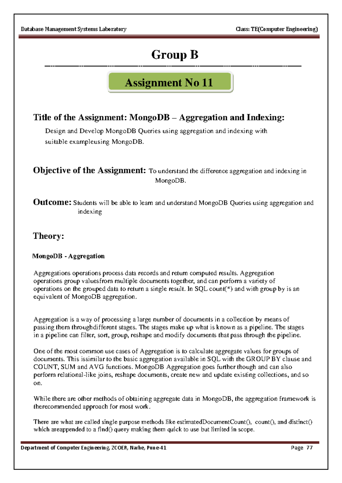 DBMSL Sem 5: MongoDB Aggregation & Indexing Assignment 11 - Studocu