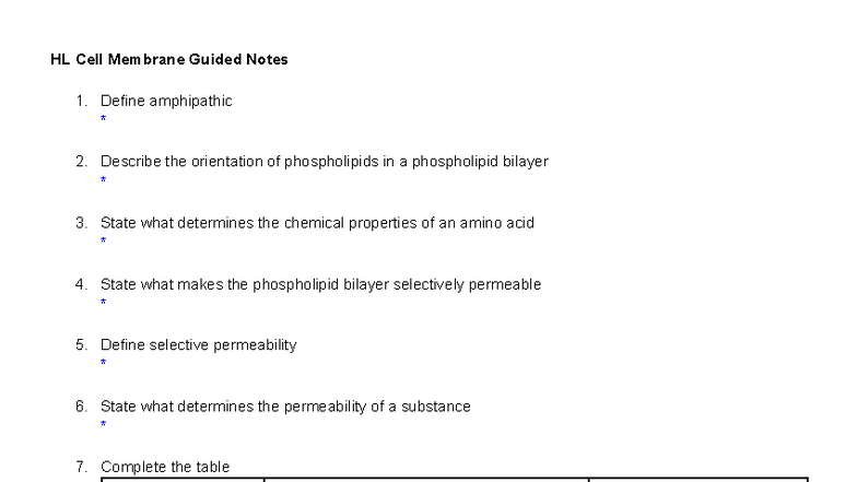 HL Cell Membrane Guided Notes - IB Biology HL Study Guide - Studocu