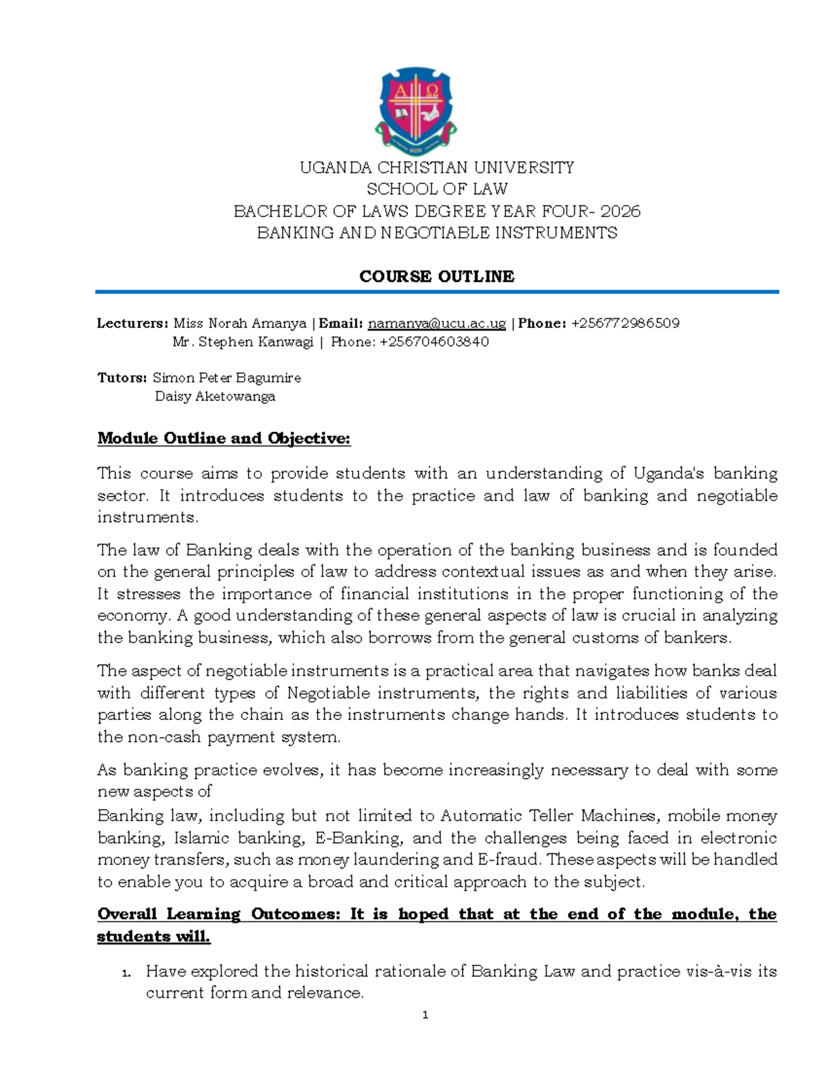 Banking and Negotiable Instruments Course Outline - UCU 2026 - Studocu