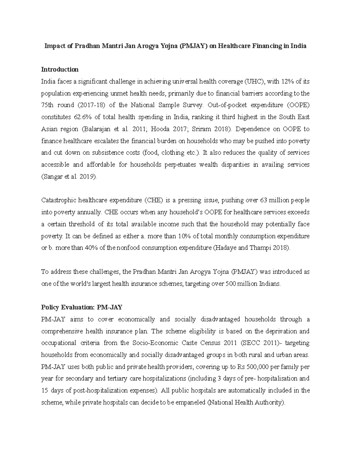 Impact of PMJAY on Healthcare Financing in India: Policy Draft - Studocu