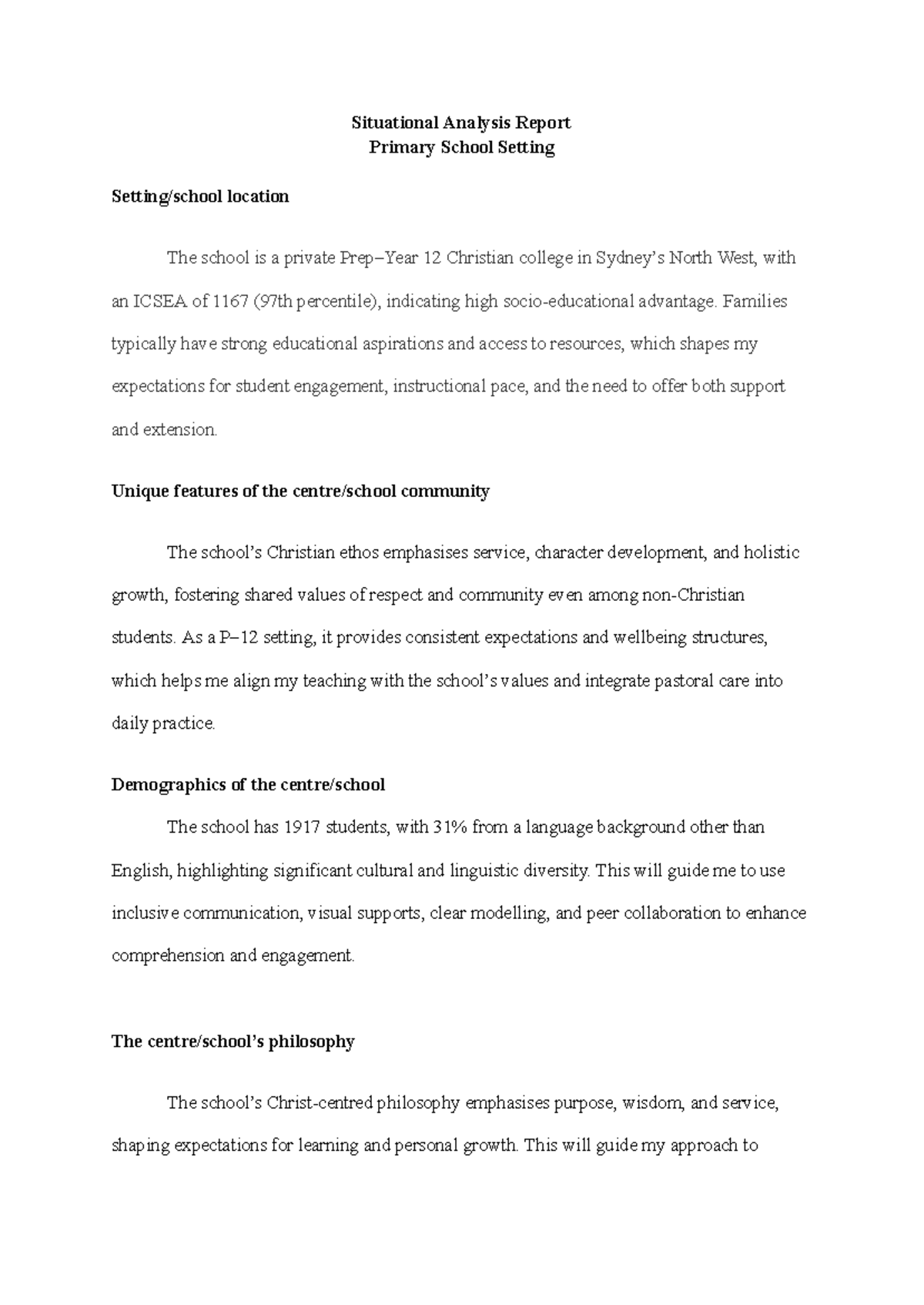 EDST2501 Situational Analysis: Primary School Context and Strategies ...