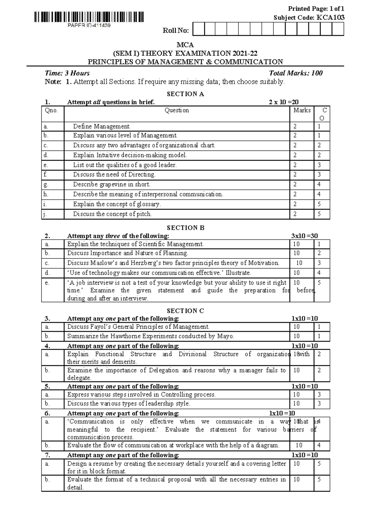 MCA I Sem Principles of Management & Communication KCA103 Exam 2022 ...