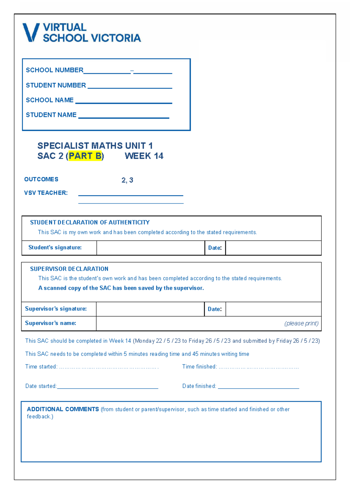 2023 SM U1 SAC 2 Week 14 - Specialist Maths Exam (Part B) - Studocu