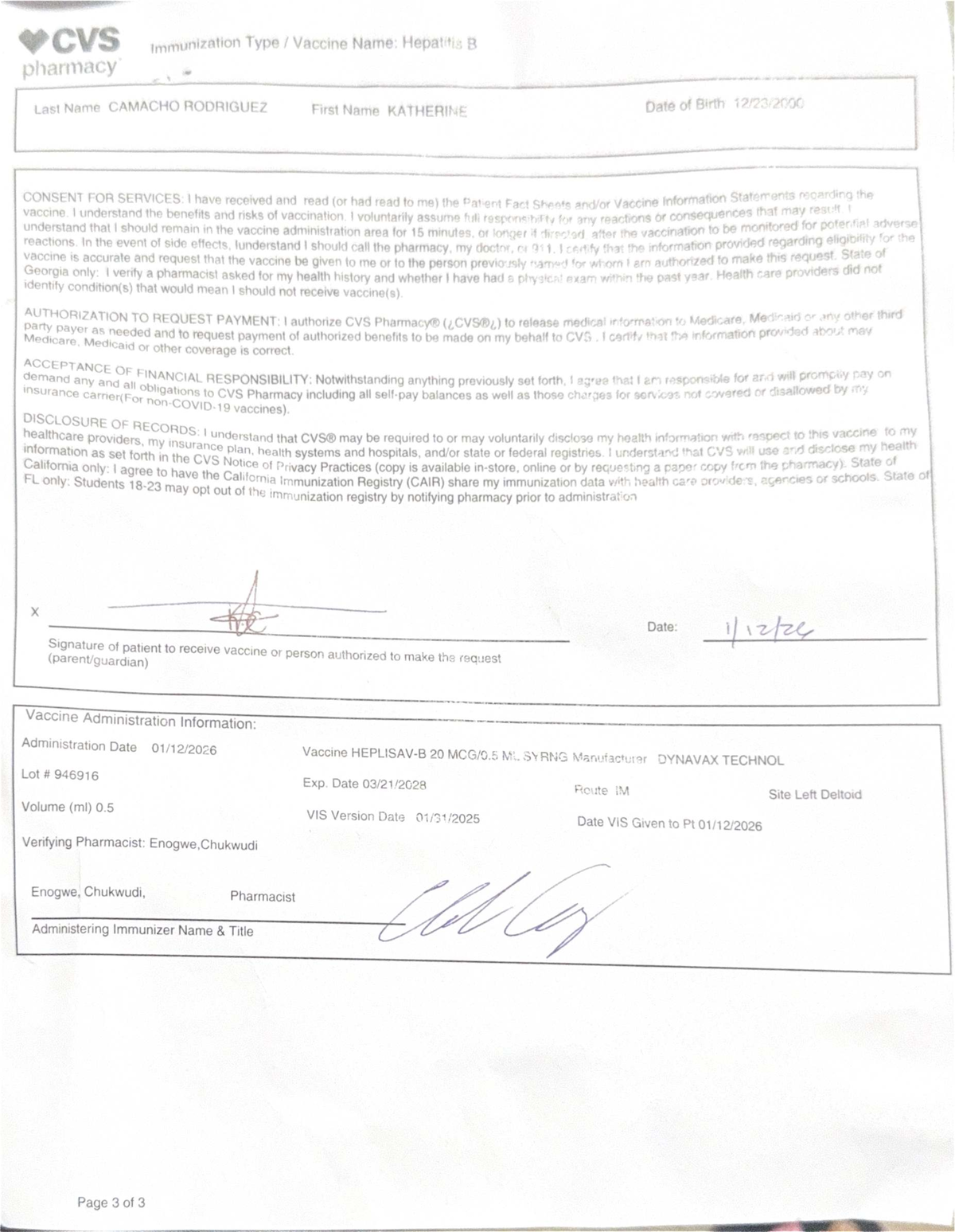 CVS Immunization Consent Form: Hepatitis B Vaccine - K. Camacho ...