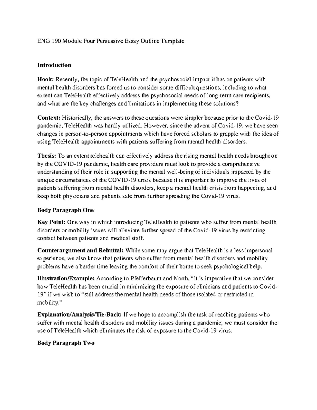 ENG-190 Module 4 Persuasive Essay Outline on TeleHealth Impact - Studocu
