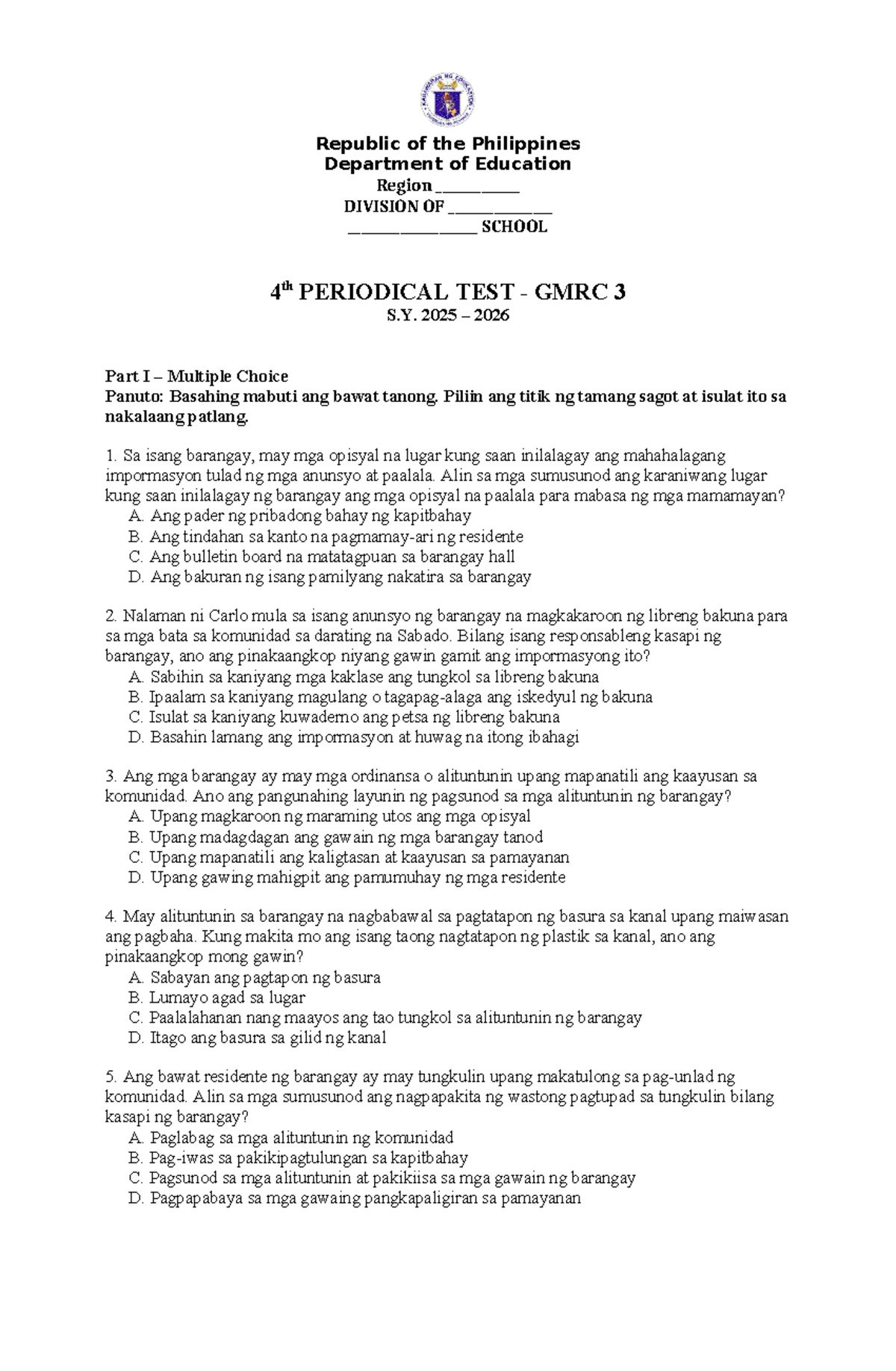 4th Periodical Test GMRC 3 S.Y. 2025-2026 with TOS Key - Studocu