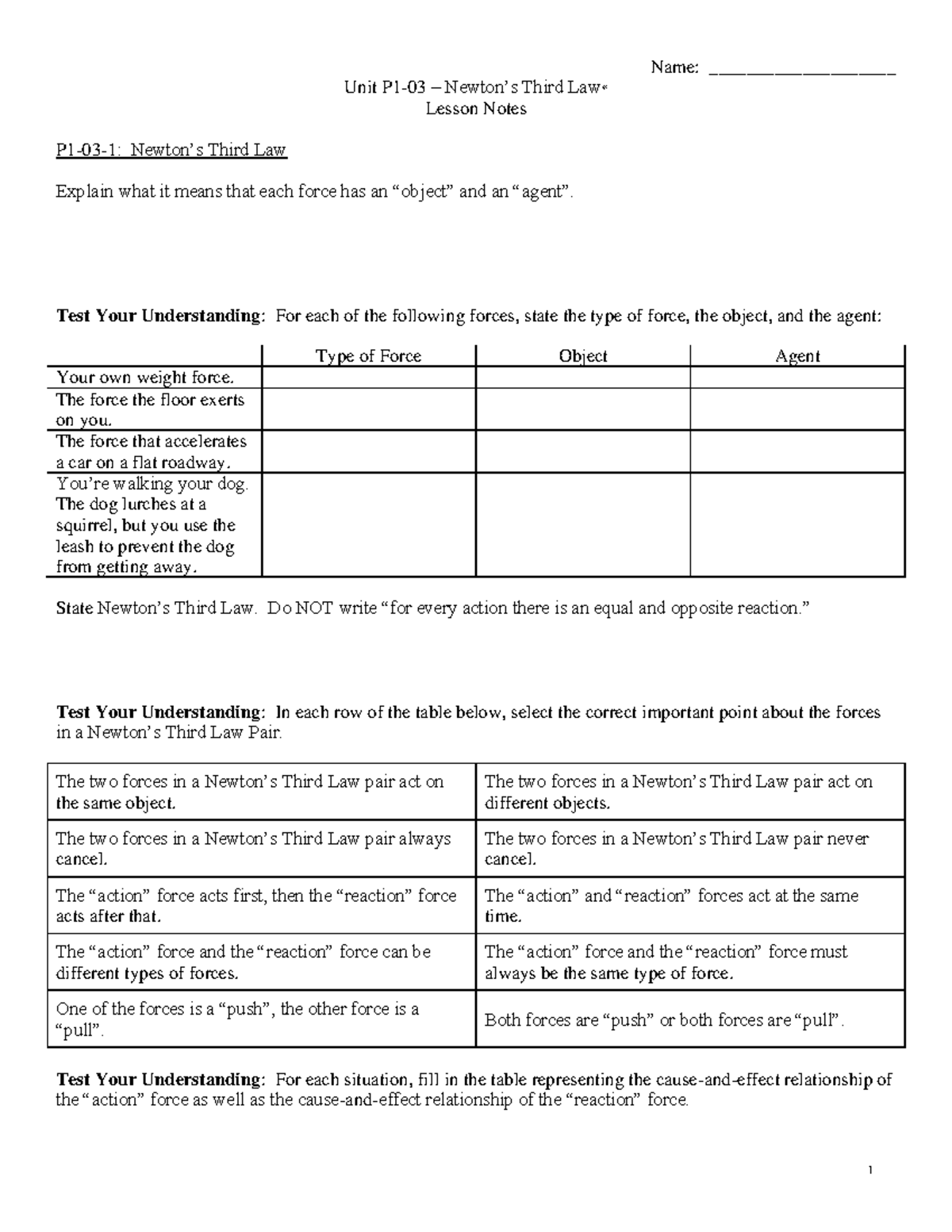 Lesson Notes - Unit P1-03 (Newtons Third Law) 2024 - Name ...