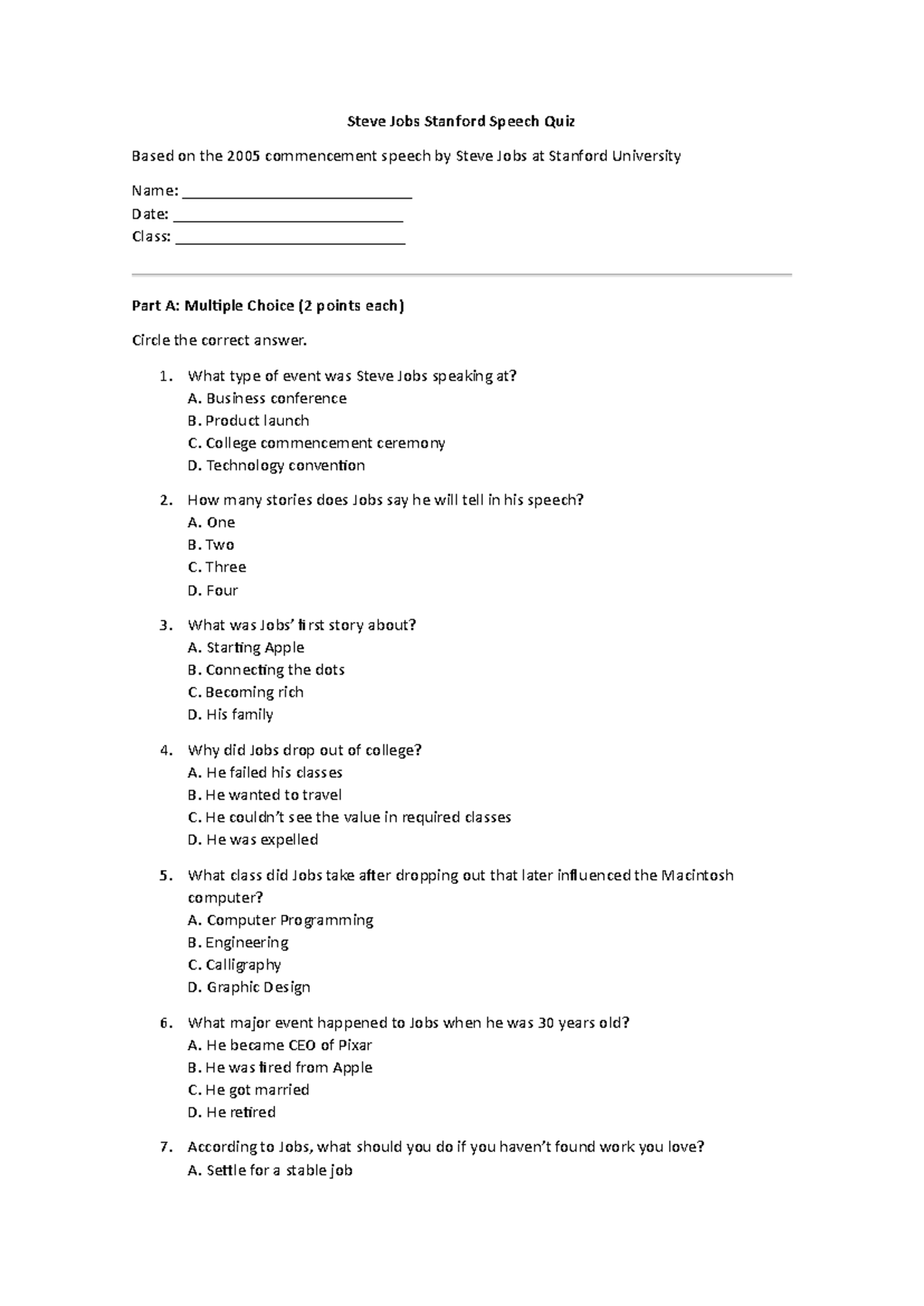 Steve Jobs Stanford Speech Quiz (2005 Commencement) - Studocu