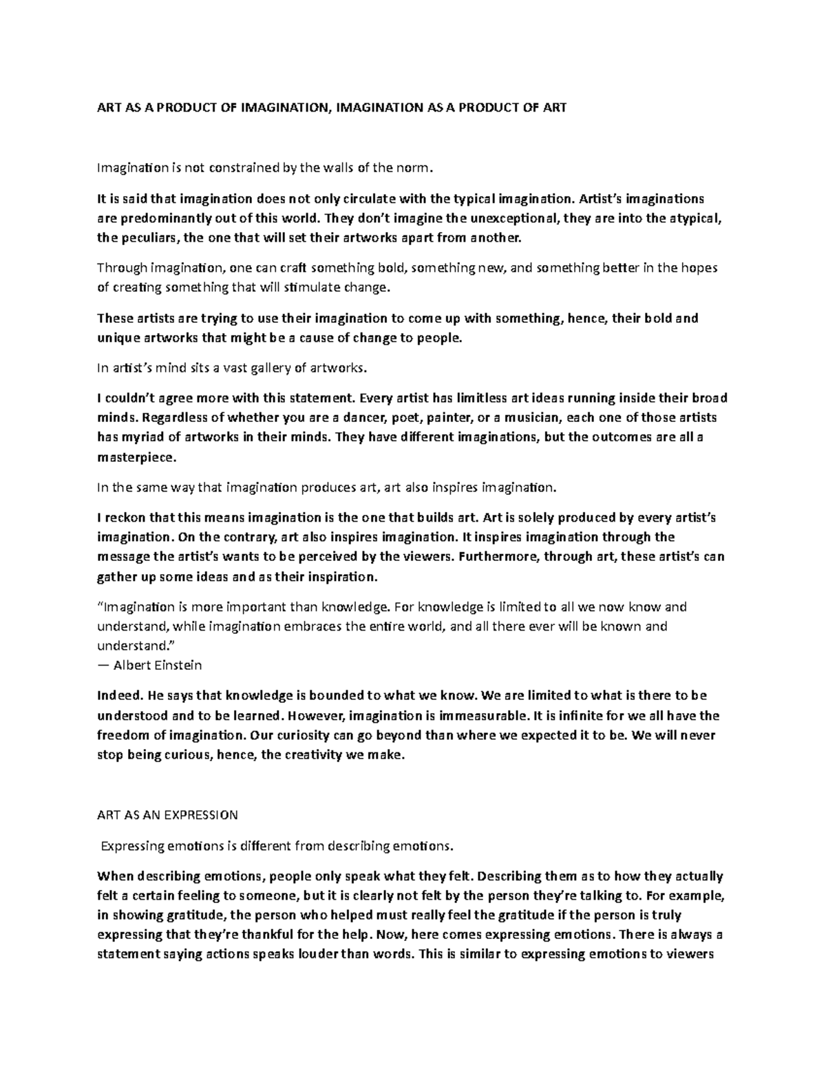 ARTS Appreciation: Imagination and Expression in Artistic Creation - Studocu