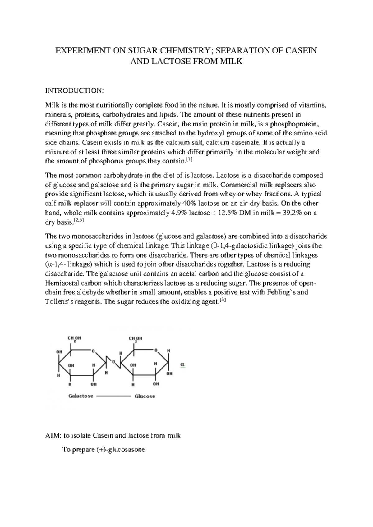 Chemistry Lab Report: Isolation of Casein and Lactose from Milk - Studocu