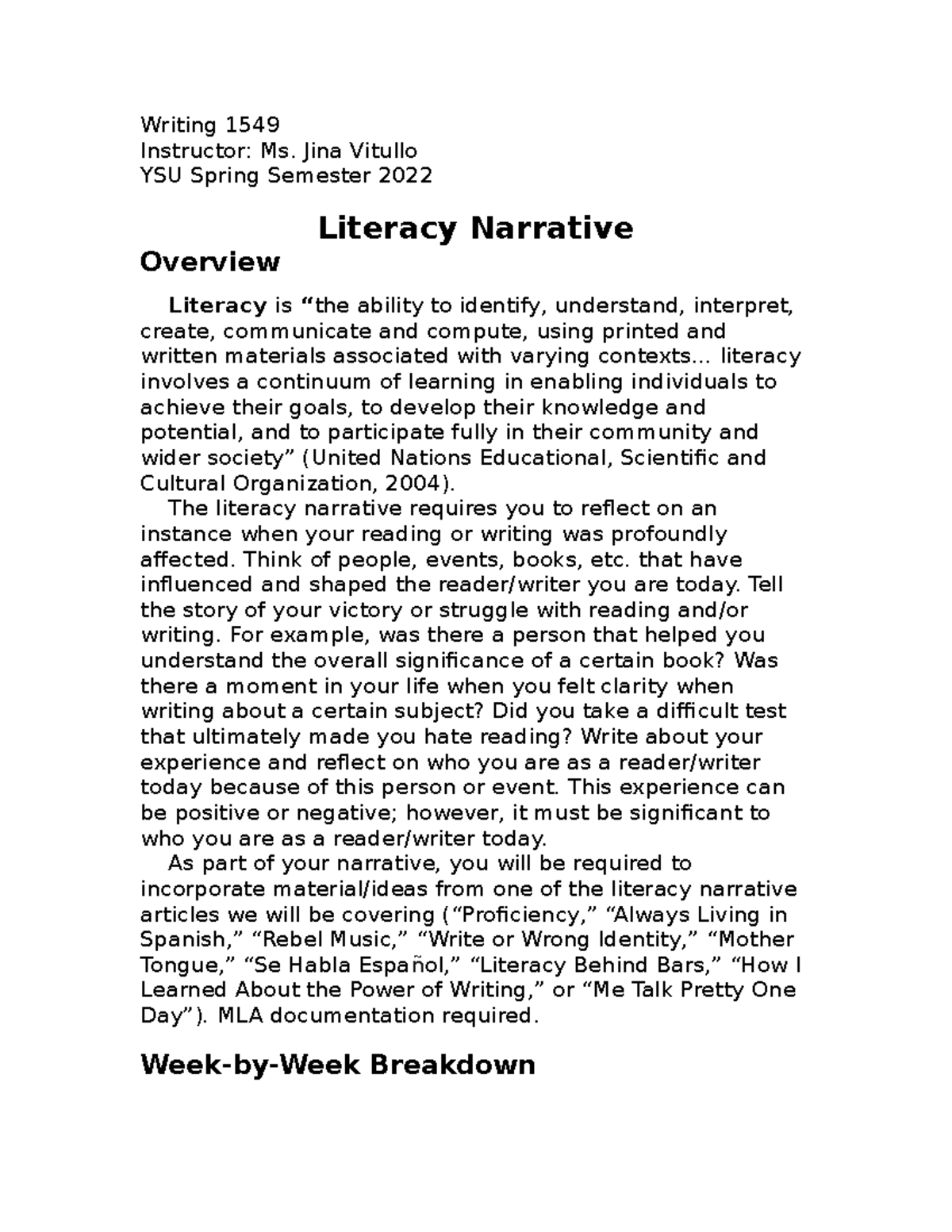 ENG 1549 Literacy Narrative Assignment Overview & Requirements - Studocu