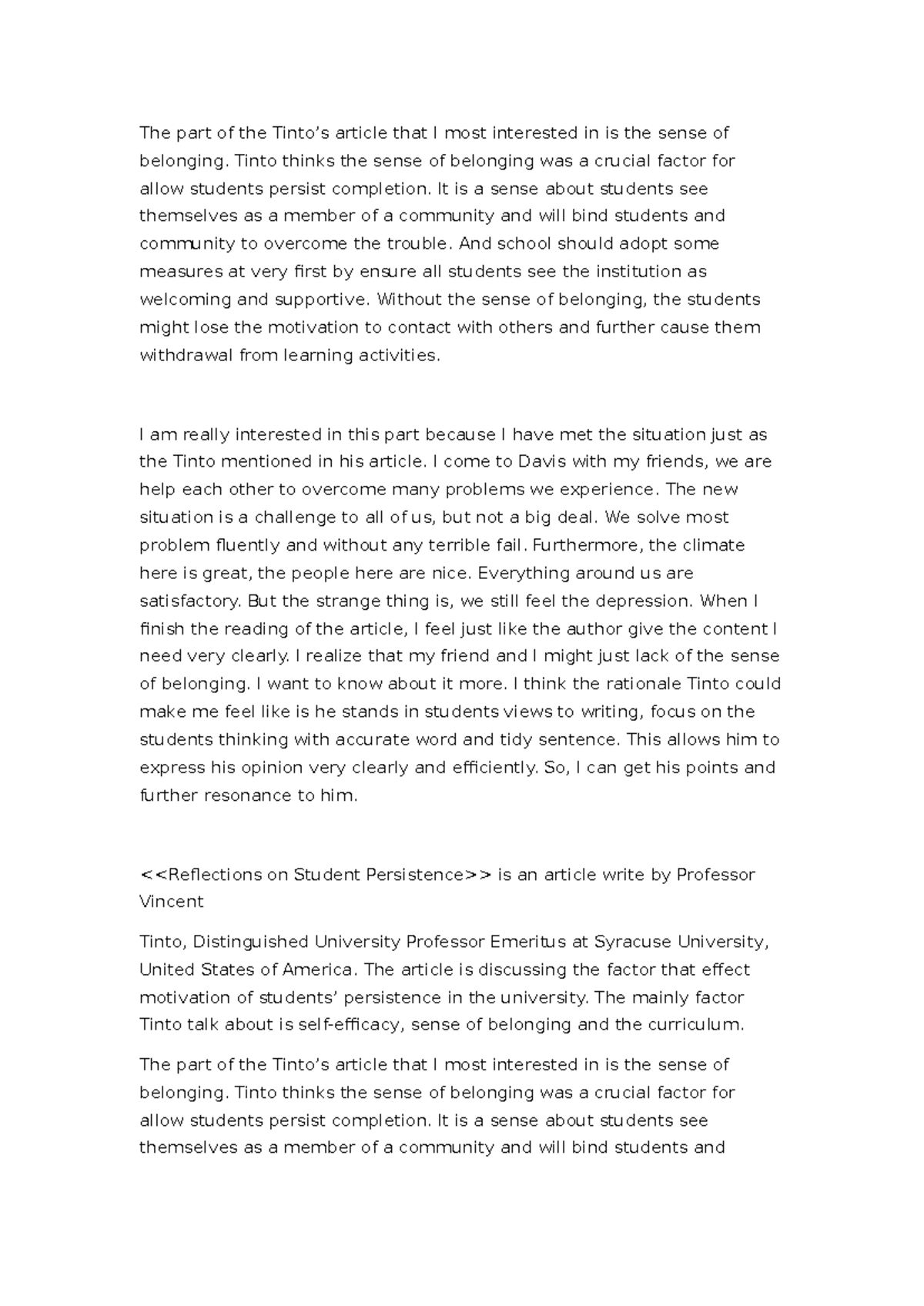 UWP007 Rhetorical Analysis of Tinto's "Reflections on Student Persistence" - Studocu