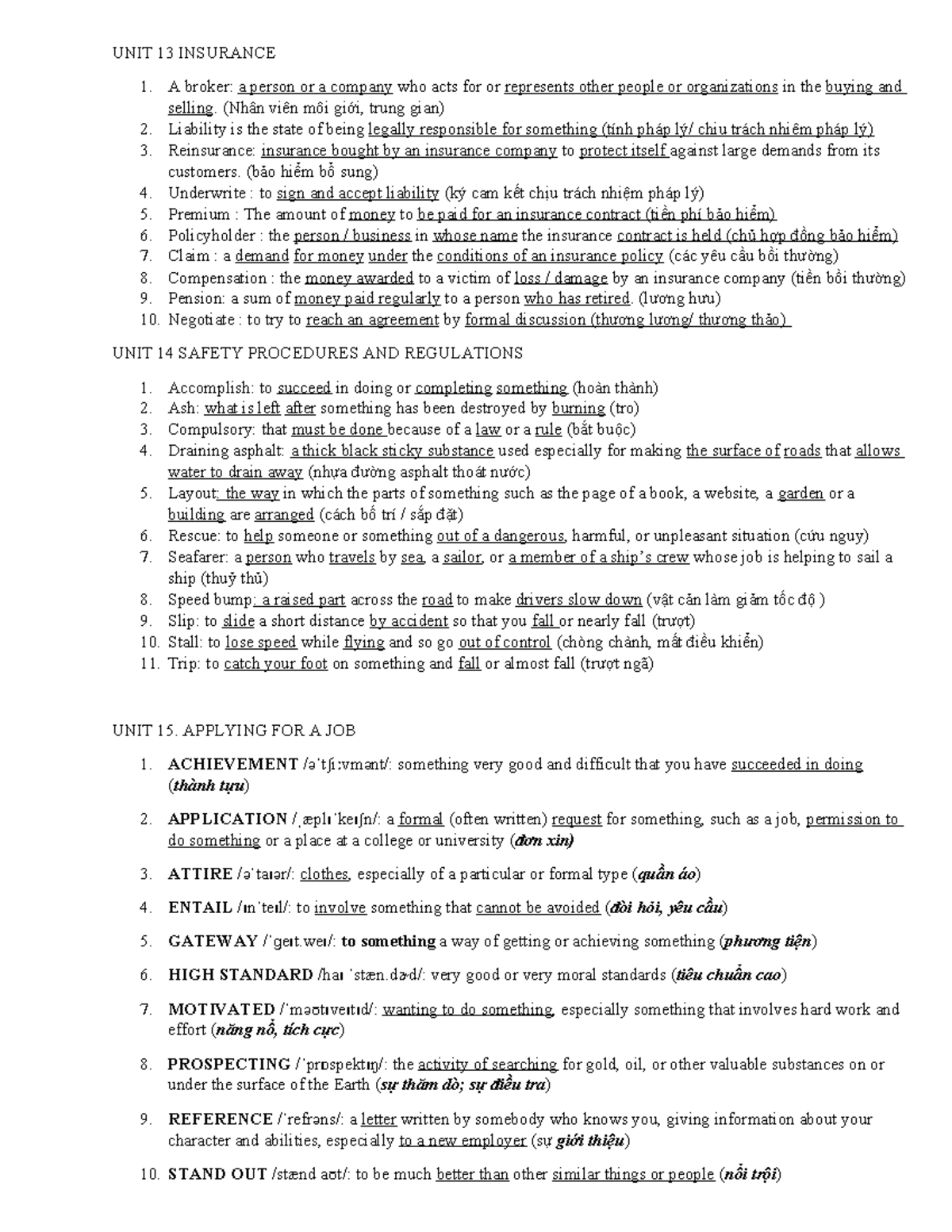 UNIT 13-15 Vocabulary List: Insurance, Safety, and Job Applications ...