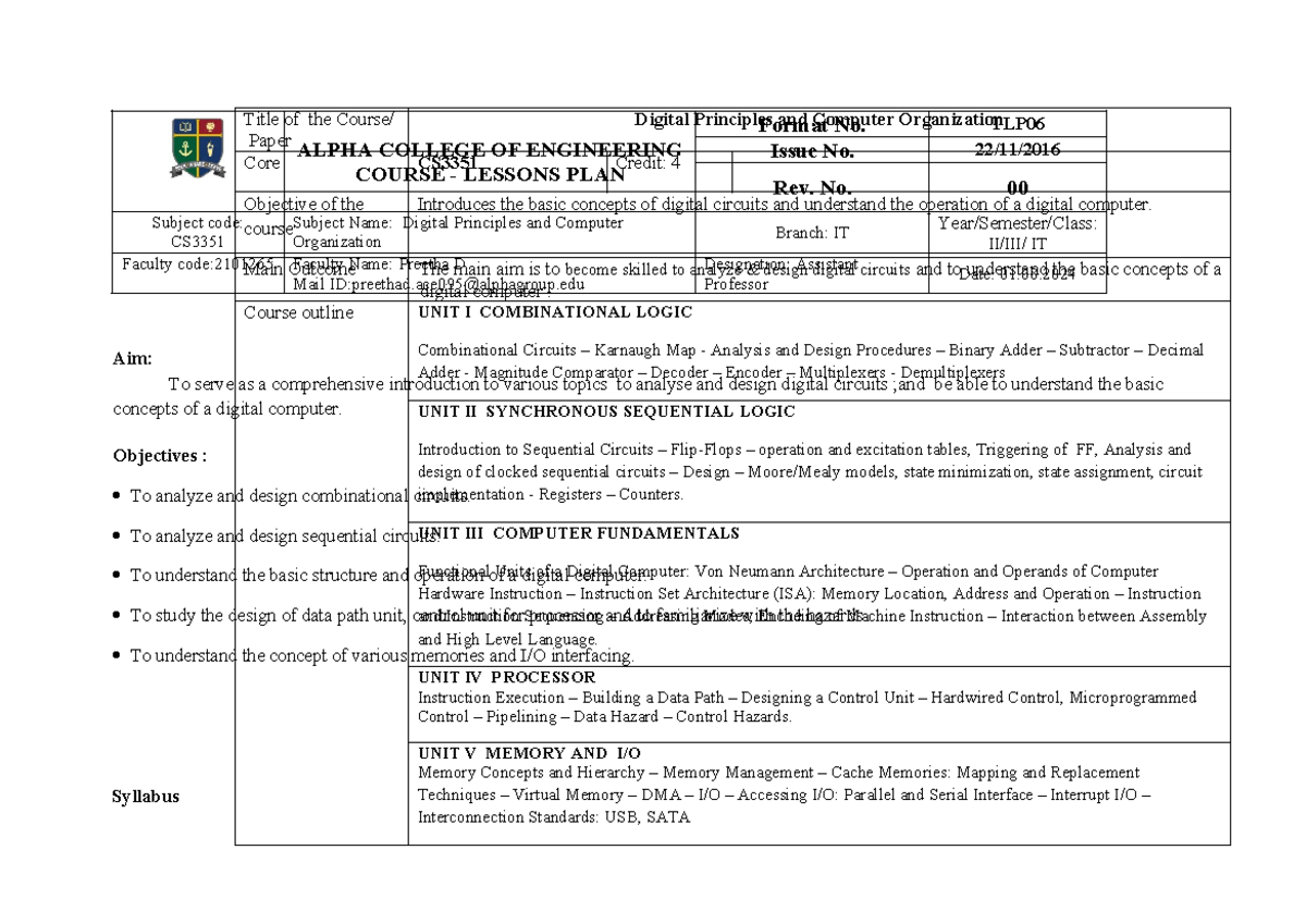 DPCO CS3351 Lesson Plan: Digital Principles & Computer Fundamentals ...