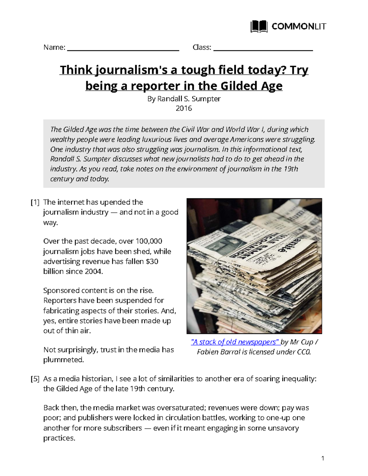 Being a Reporter in the Gilded Age: Unit 2 Common Lit Analysis - Studocu